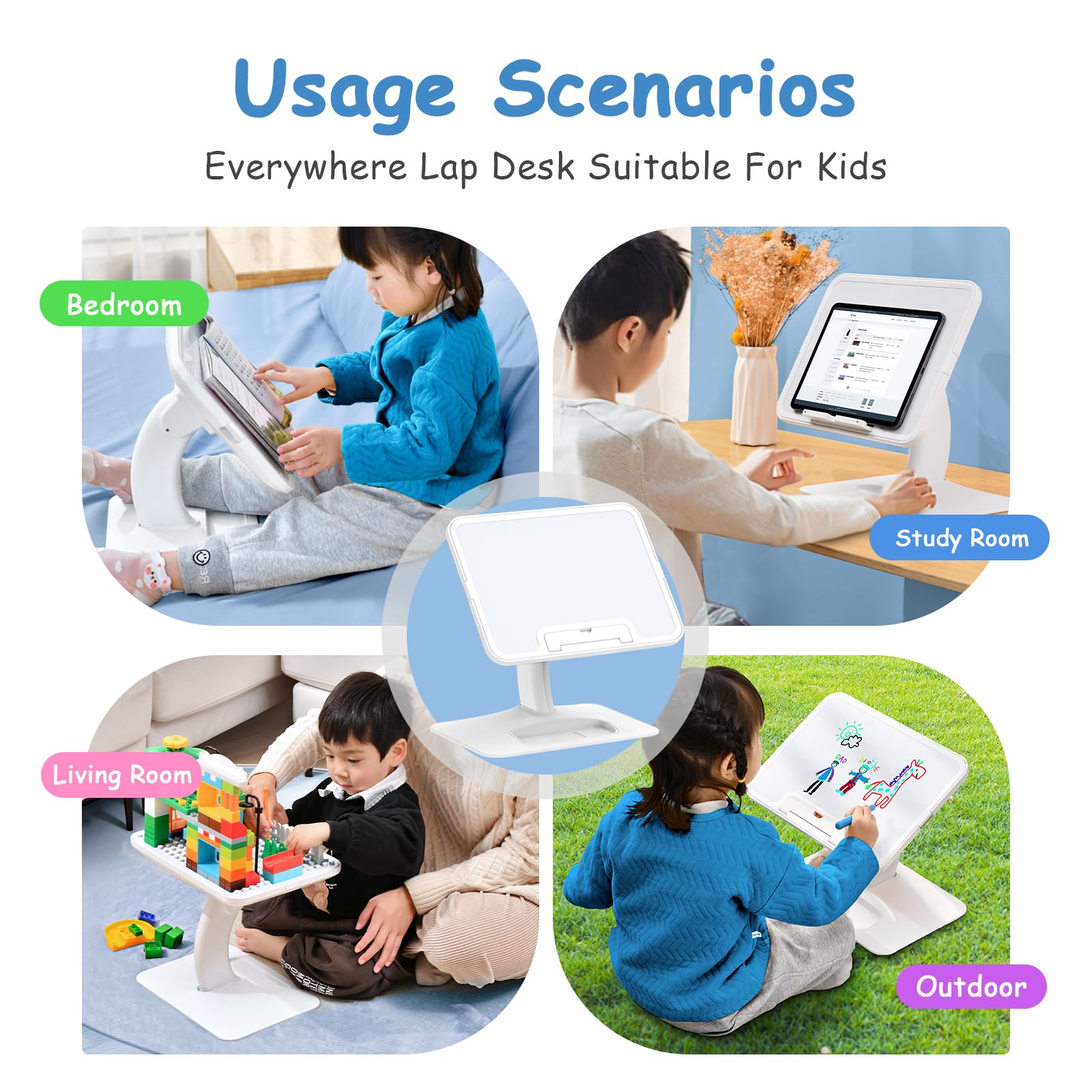 scenein Kids Lap Desk - Book Holder Stand for Work, Study, Gaming, Arts, Crafts - Dry Erase White Board, Laptop Lap Desk for Car Bed Floor, Adjustable Angle, White