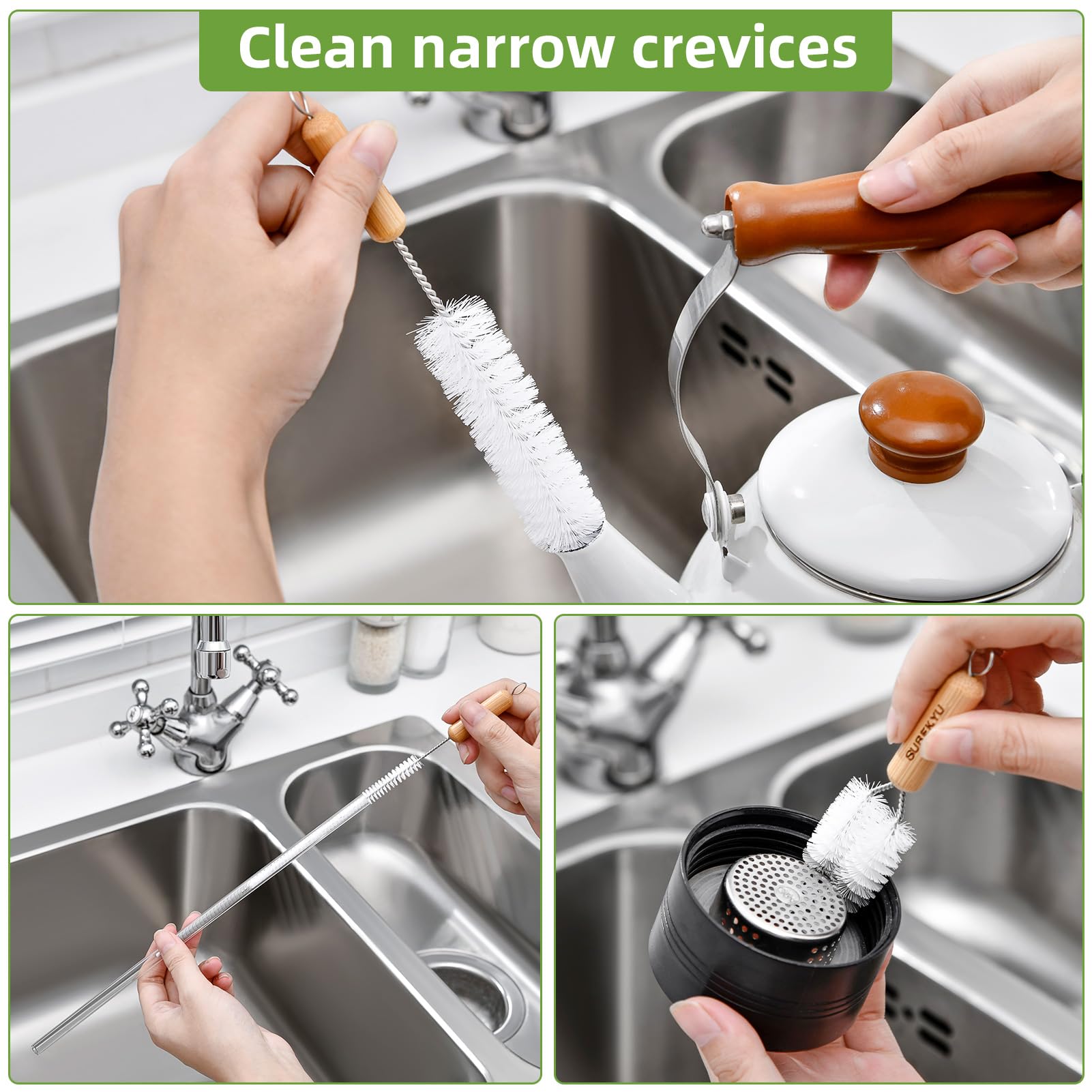 SUBEKYU 5 Pack Bottle Brush Set, Long Handle Bottle Brush Cleaner, Water Bottle Brush for Washing Baby Bottles, Narrow Neck Beer Bottles, Straws, Kettles, Bottle Cap Slits, Gray+White
