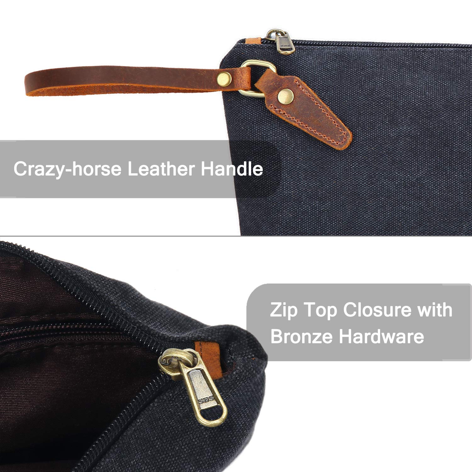 Zeamoco Canvas Wristlet Clutch Bag Large Wallet Pouch Phone Purse Handbag with Leather Strap for Women Men - Black