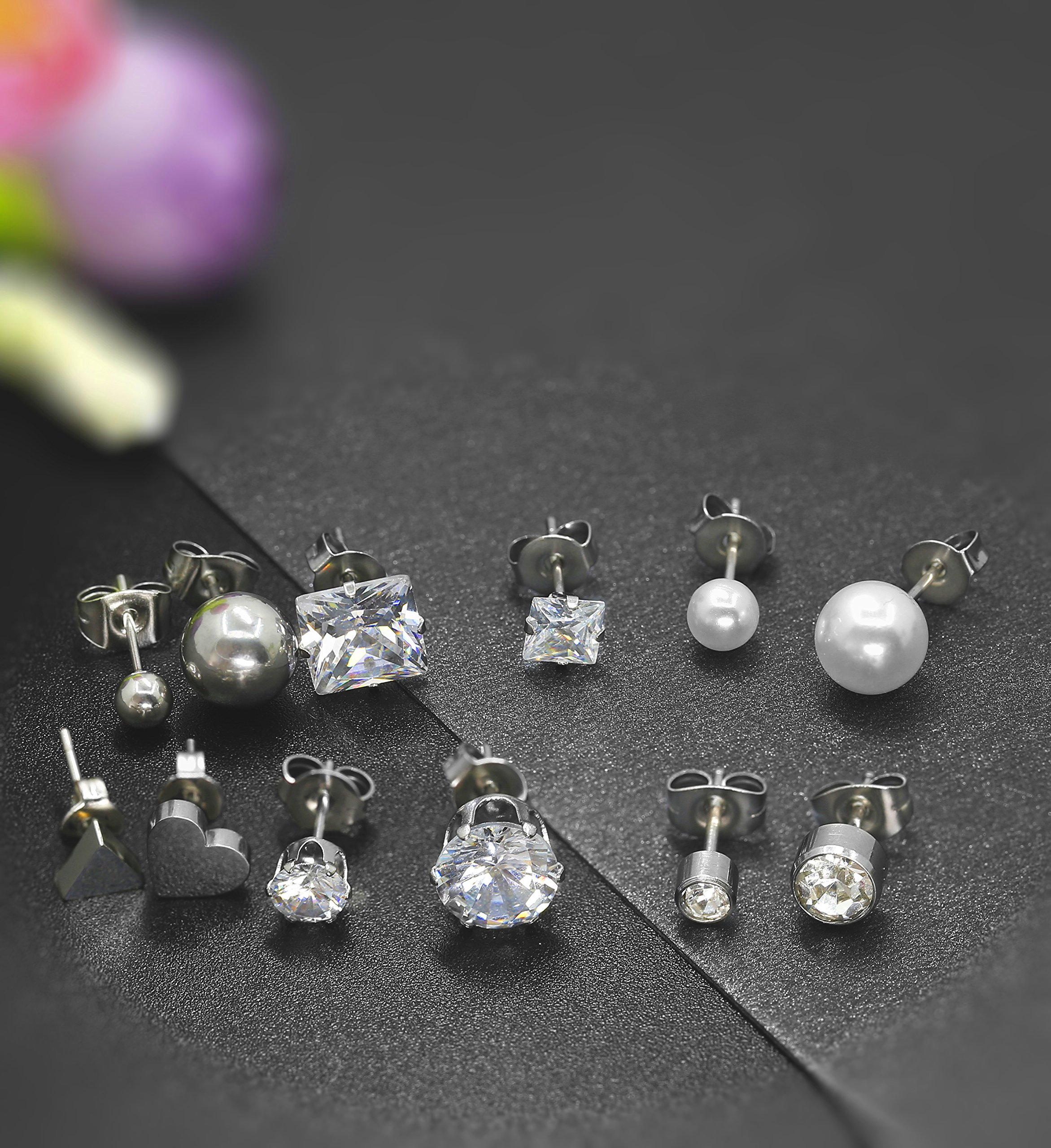Thunaraz 12Pairs Surgical Steel Stud Earring Set Earring Ball Triangle Heart CZ Earring