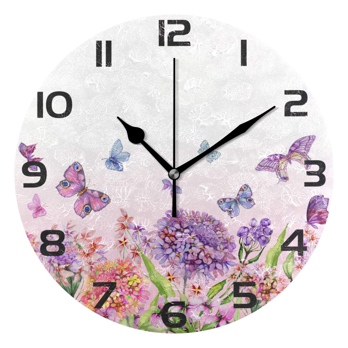 WellLee Elegant Iberis Flowers Garden Butterflies Clock Arabic Type Clock Painted Silent Non-Ticking Round Wall Clock Home Art Bedroom Living Dorm Room Decor