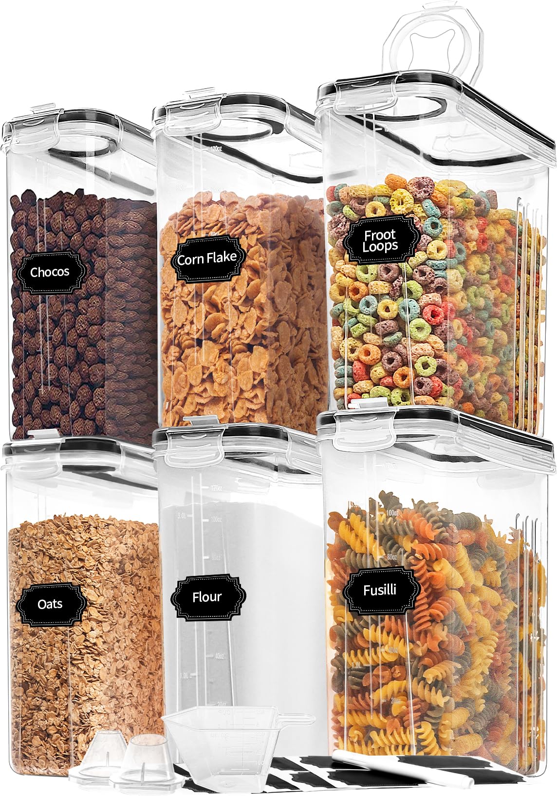 Skroam Cereal Containers Storage of 6 [4L/135.2 oz], Airtight Food Storage Containers with Pour Spout for Kitchen & Pantry Organization Storage, Plastic Cereal Dispensers, Measuring Cup & 20 Labels