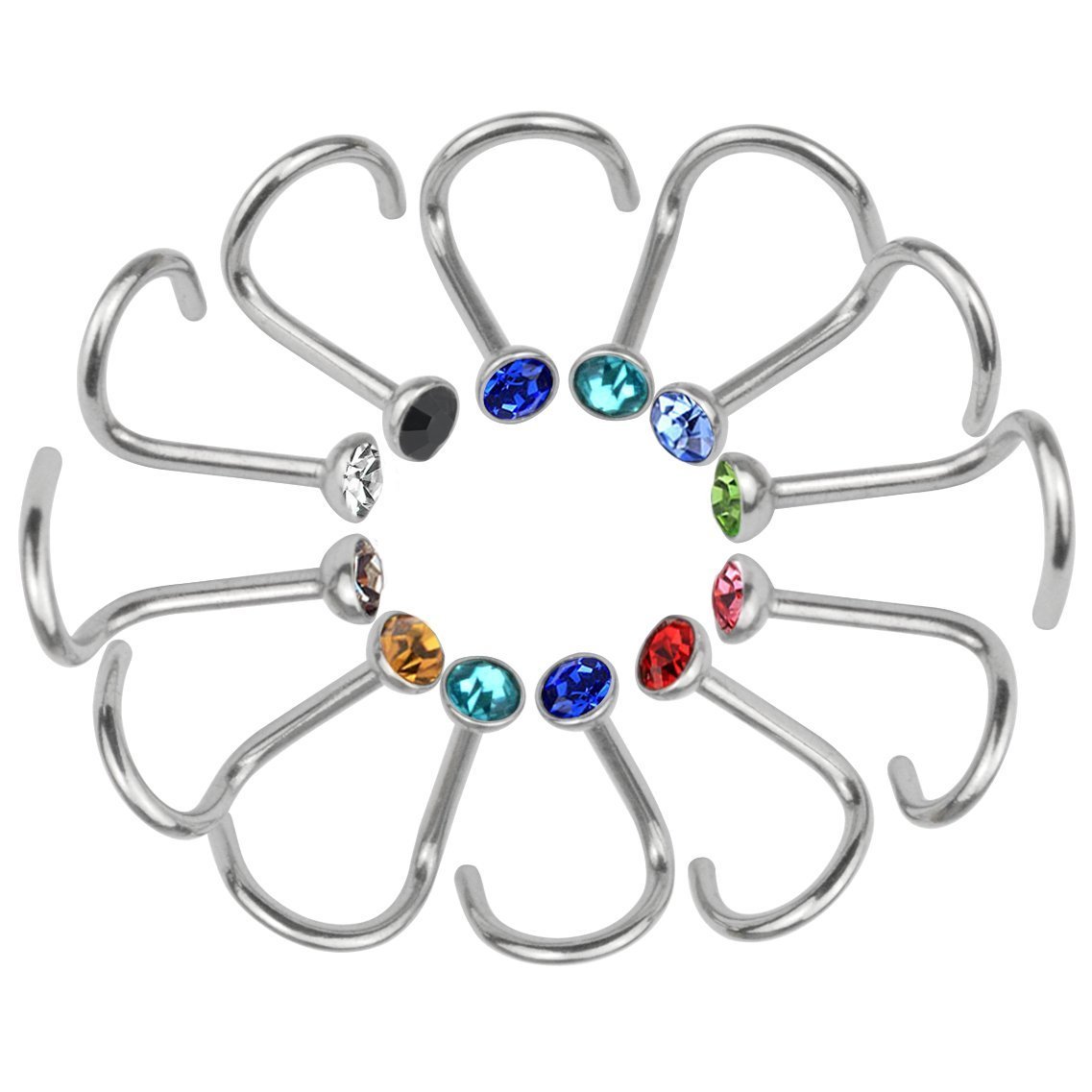 Rbenxia 20G 316L Nose Studs Rings 2.2MM Rhinestone Stainless Steel Nose Body Piercing Rings 10 Pcs Random Color for Unisex