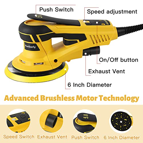 Wood Sander,Electric Random Orbital Sander,Brushless Motor 6"" Disc Size 350W 10000 RPM Polisher Sanding Variable Speed Tool for Woodworking, Polishing, Carpentry