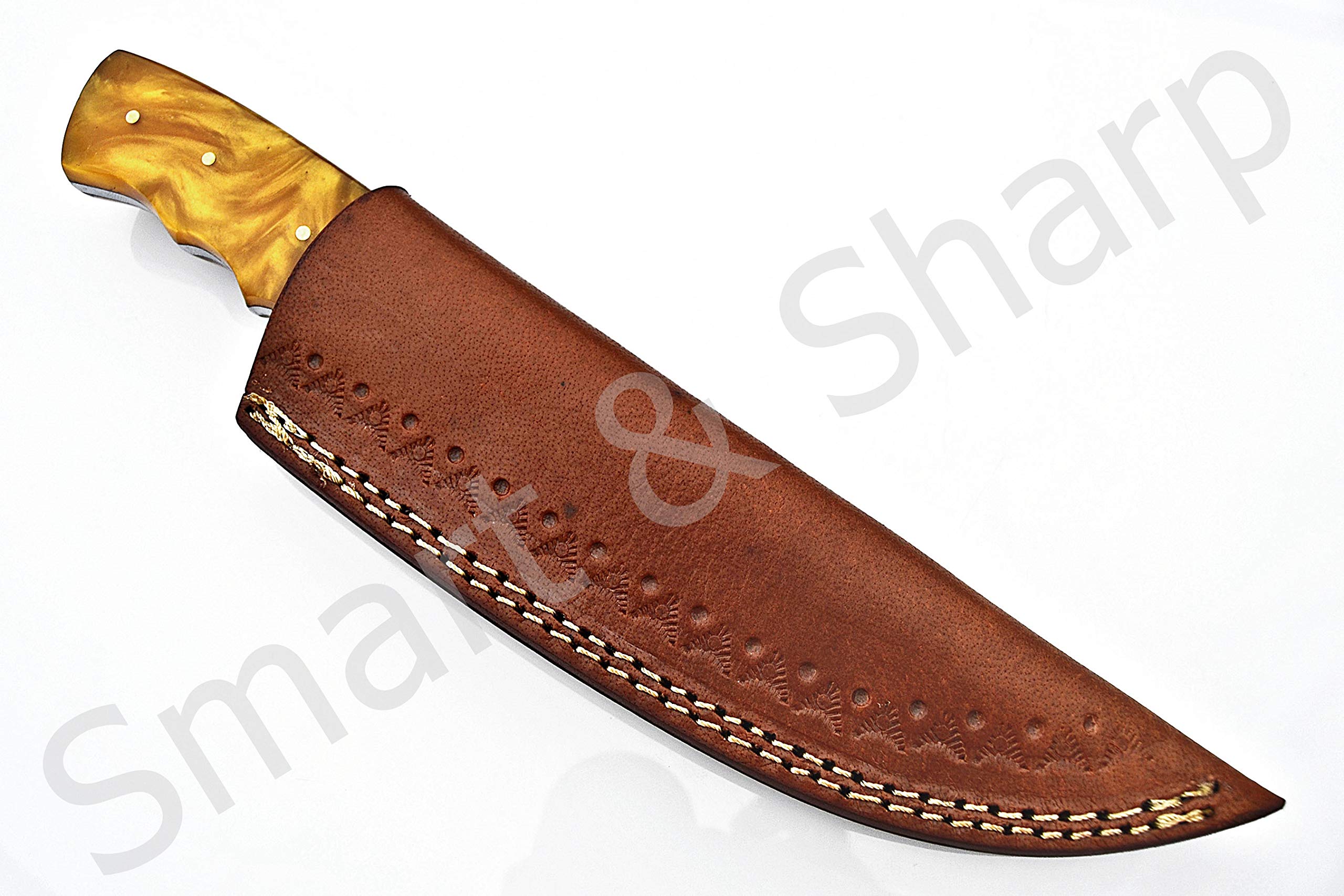 Smart & Sharp Custom Handmade Damascus Steel Hunting Knife/Skinning Knife AA-17235 (Beautiful Yellow & Brown Resin)