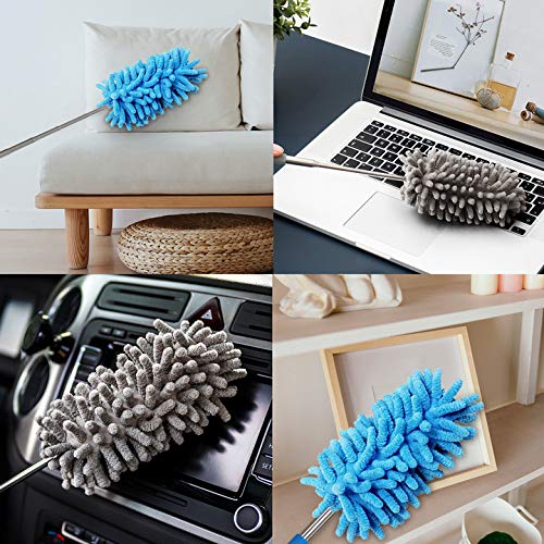 TIMIVO Microfiber Duster for Cleaning, Dusters with Telescoping Extension Pole, Extendable Washable Mini Dusters for Cleaning Supplies Car, Window, Furniture, Office (Blue and Grey)
