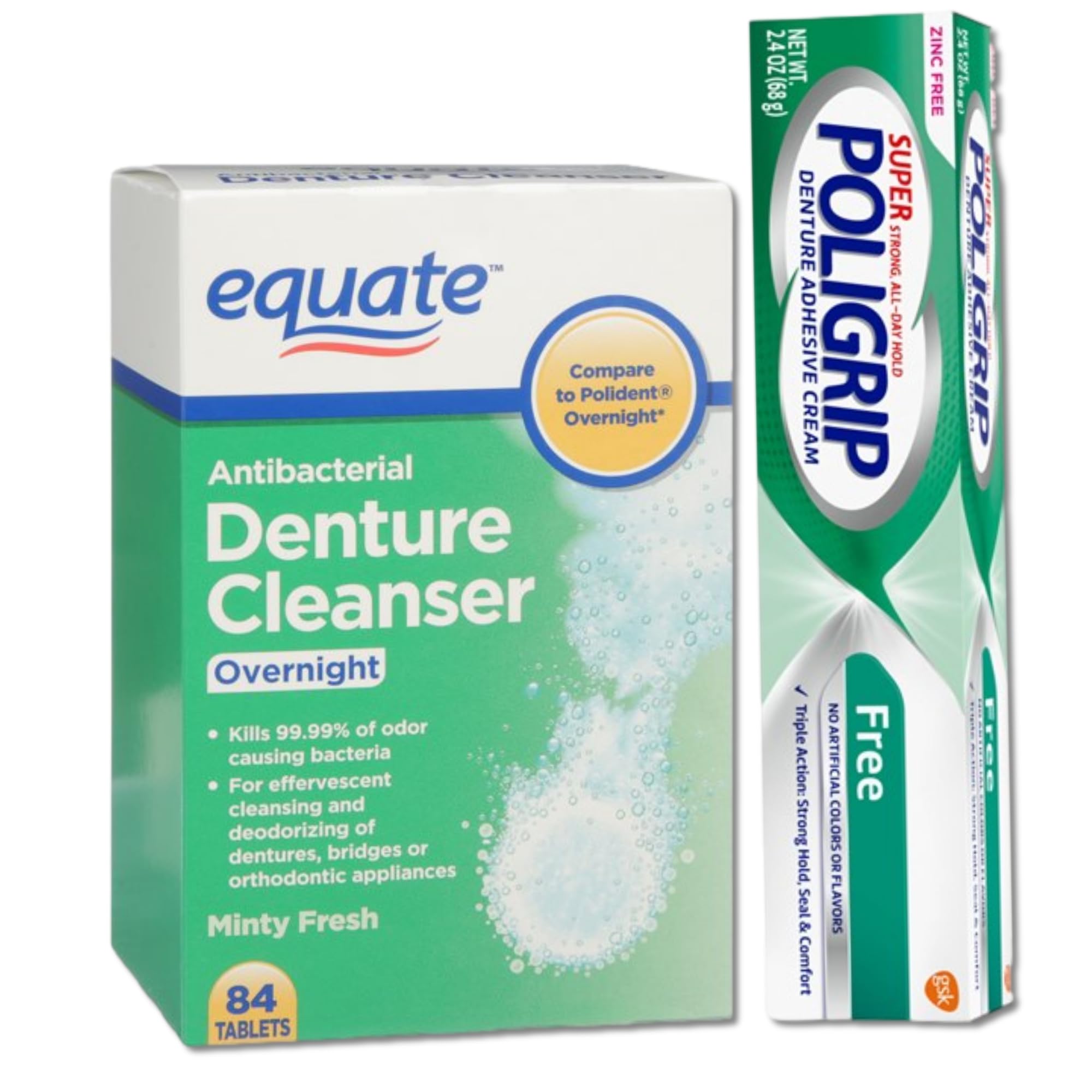 Super Poligrip Zinc Free 2.4oz Bundle with Equate Overnight 84 Denture Cleaner Tablets - Poligrip Super Denture Adhesive, Denture Cleaning Tablets, Retainer Cleaner for a Brighter Smile