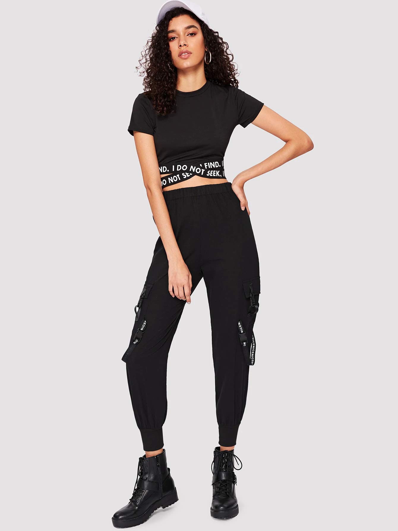 Romwe Women's Workout Jogger Pants High Waist Lightweight Hiking Outdoor Cargo Sweatpants Black #3 Medium