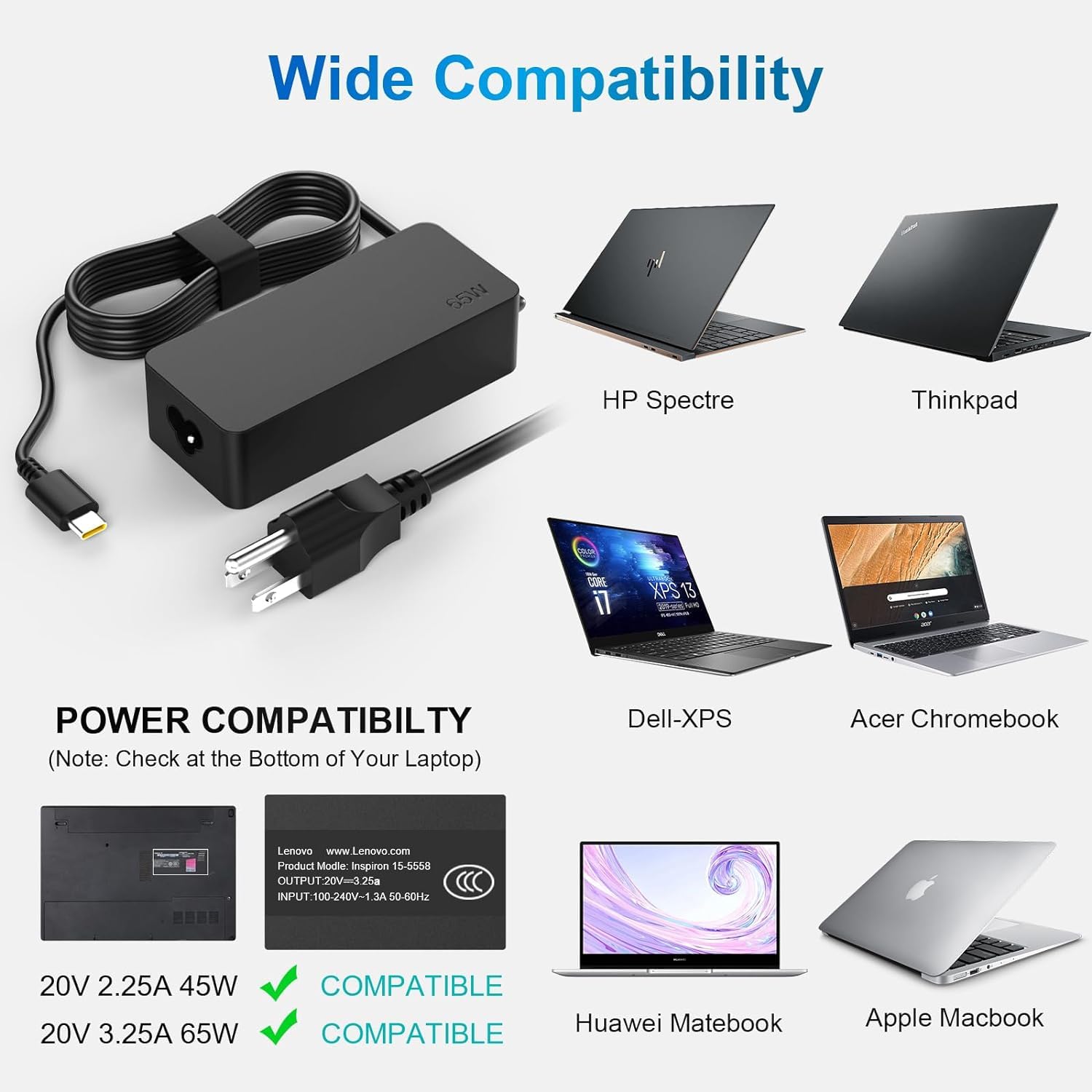Universal 65W USB C Laptop Charger-Replacement for Lenovo Thinkpad/Yoga/Chromebook,HP Acer Asus Samsung Huawei Chromebook Latitude xps 13 Series