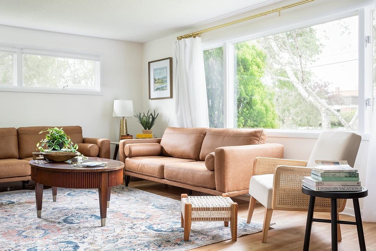 Signature Design by Ashley Arroyo Mid Century Modern Faux Leather Loveseat, Caramel Brown