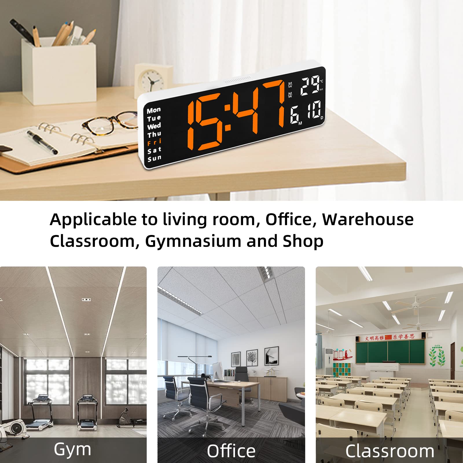 SPLITSKY 12.5 Inch Large Digital Wall Clock, Modern LED Digital Clock with Remote Control,10-Levels Brightness Dimming,Dual Alarm Clock, Date,Week,Temperature, for Bedroom, living Room, Office