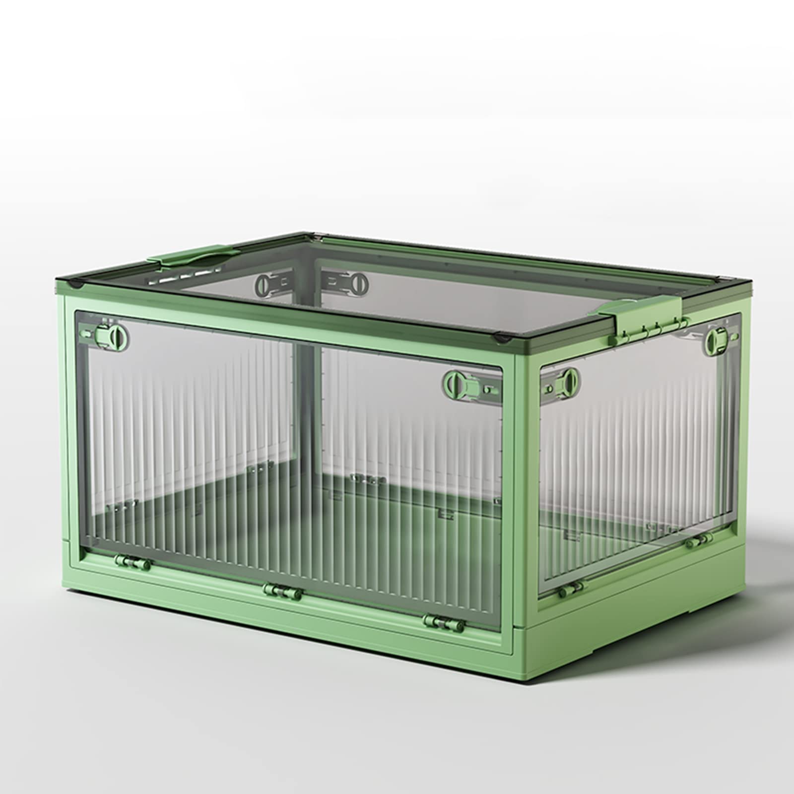 submatches Collapsible Lided Storage Box,Transparent Plastic Folding Box with 5 Doors Opening,54L Stackable Folding Bins with 4 Wheels,Green,1 Pack
