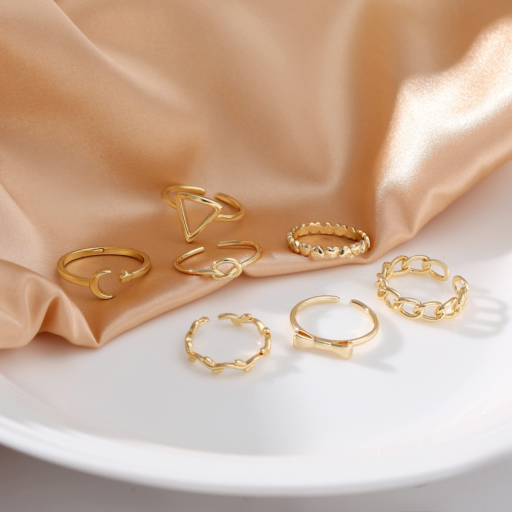 ZOERAY 12PCS Adjustable Stackable Rings for Women 14K Gold Silver Plated Knot Wave Heart Pearl Open Rings Knuckle Thumb Rings Set for Women