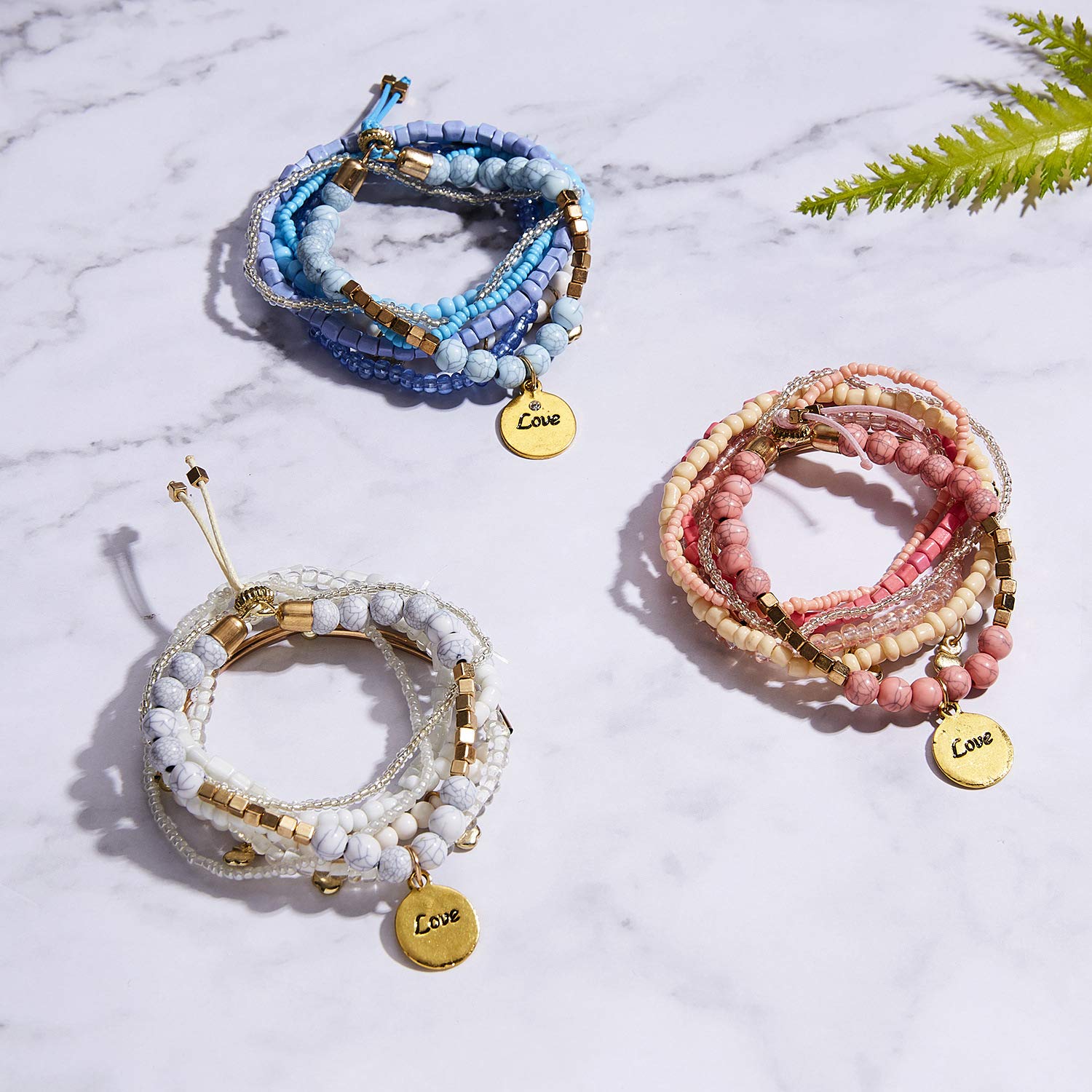 SOSUO Boho Stackable Bracelets for Women, 7pcs/Set Bead Charm Bohemian Stretch Bracelet for Girls Fashion Jewelry Gift White