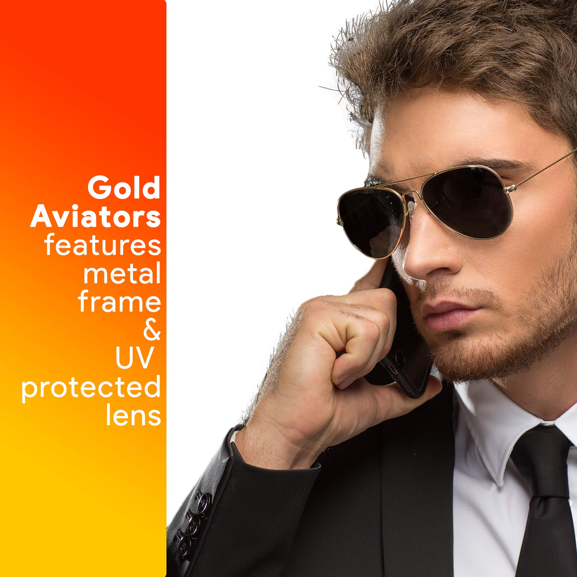 Skeleteen Black Gold Aviator Sunglasses - Military Style Dark Sun Glasses with Gold Metal Frame and UV 400 Protection
