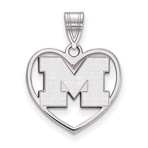 University of Michigan Wolverines School Letter Inside Heart Shaped Pendant in Sterling Silver 15x17mm