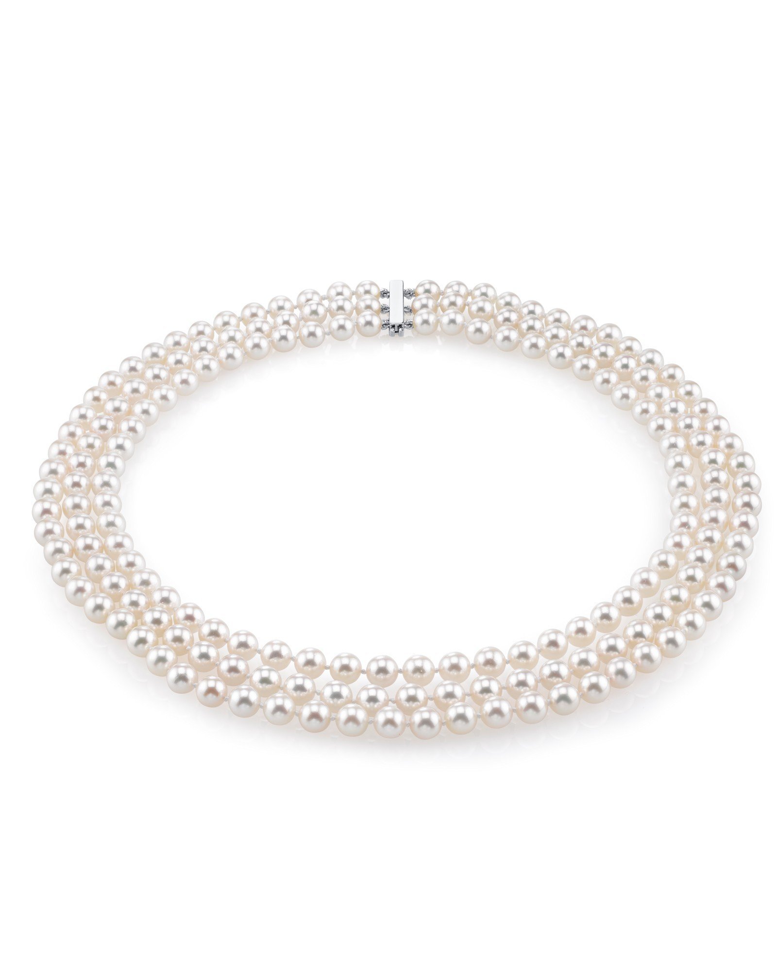 The Pearl Source 14K Gold 7.0-7.5mm Round Genuine White Triple Japanese Akoya Saltwater Cultured Pearl Necklace in 17-18-19" Length for Women
