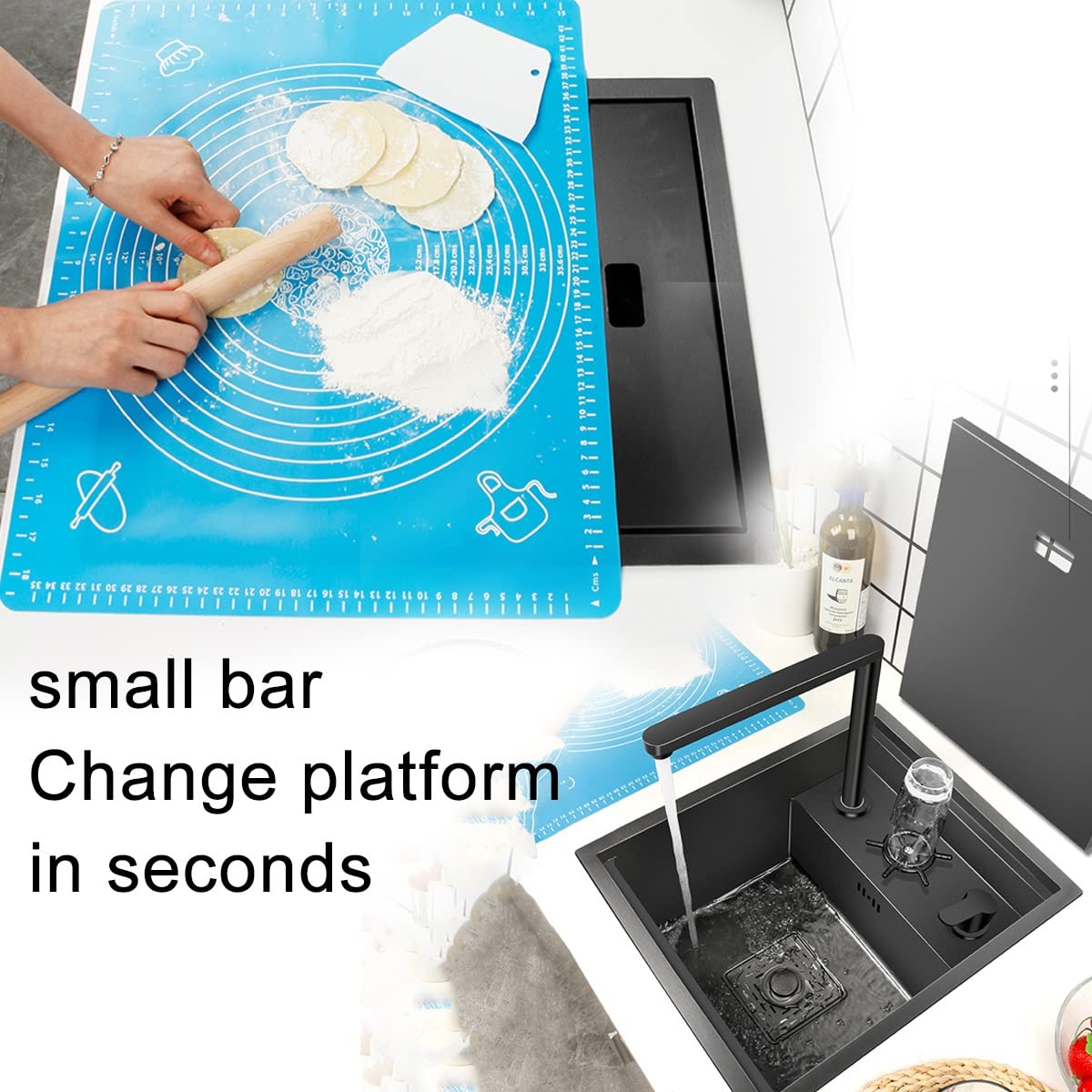 Single Bowl Kitchen Sinks With Cup Washer ,Single Bowl Stainless Steel Workstation Bar Sink with Glass Rinser, for home Hotel Cafe Restaurant,black