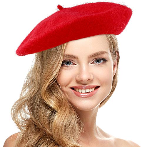 Skeleteen Red French Style Beret - Women's Classic Beret Hat For Casual Use - 1 Piece