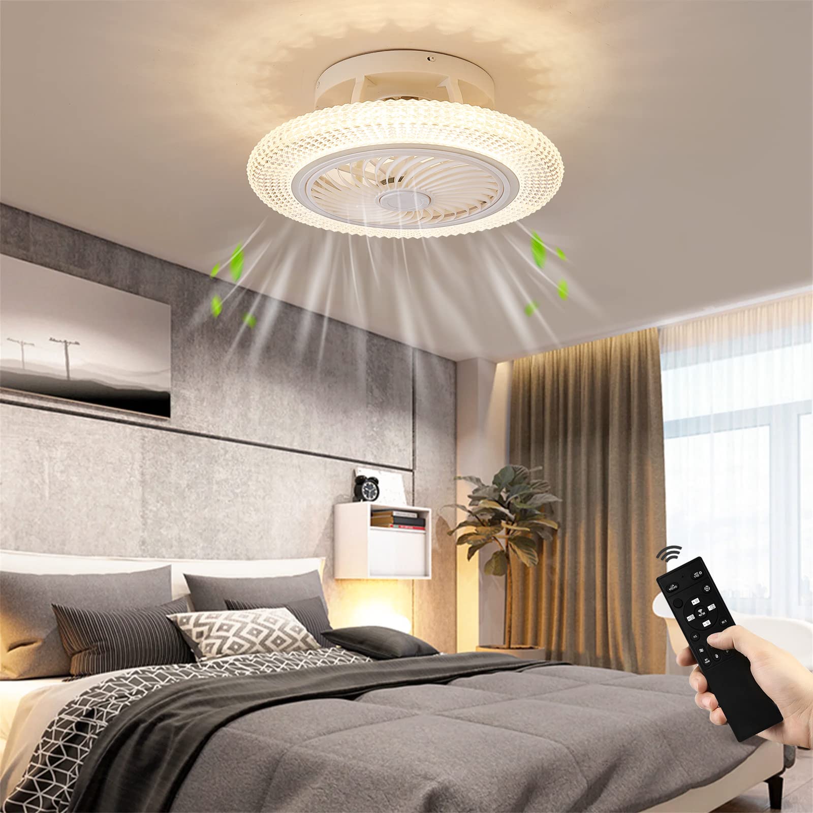 stambord Ceiling Fans with Lights Remote Control, 18”LED Ceiling Fan Modern Low Profile Ceiling Fan with Dimmable 3 Colors 6 Speeds, Enclosed Flush Mount Ceiling Fan for Bedroom, Kitchen(White)