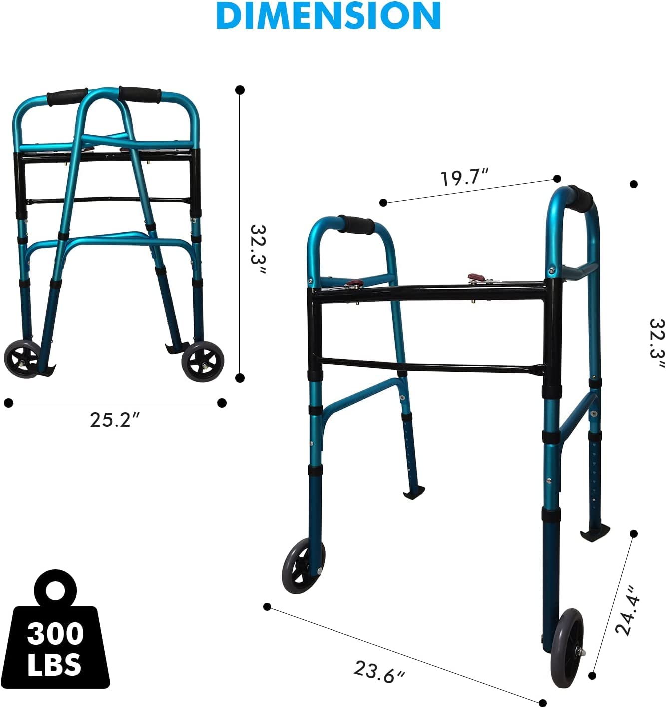 UNLICON- Mobility Heavy Duty Folding Walker for Seniors,Bariatric Walker with 5 Inches Wheels for Seniors Wide Walker Supports up to 300 lbs