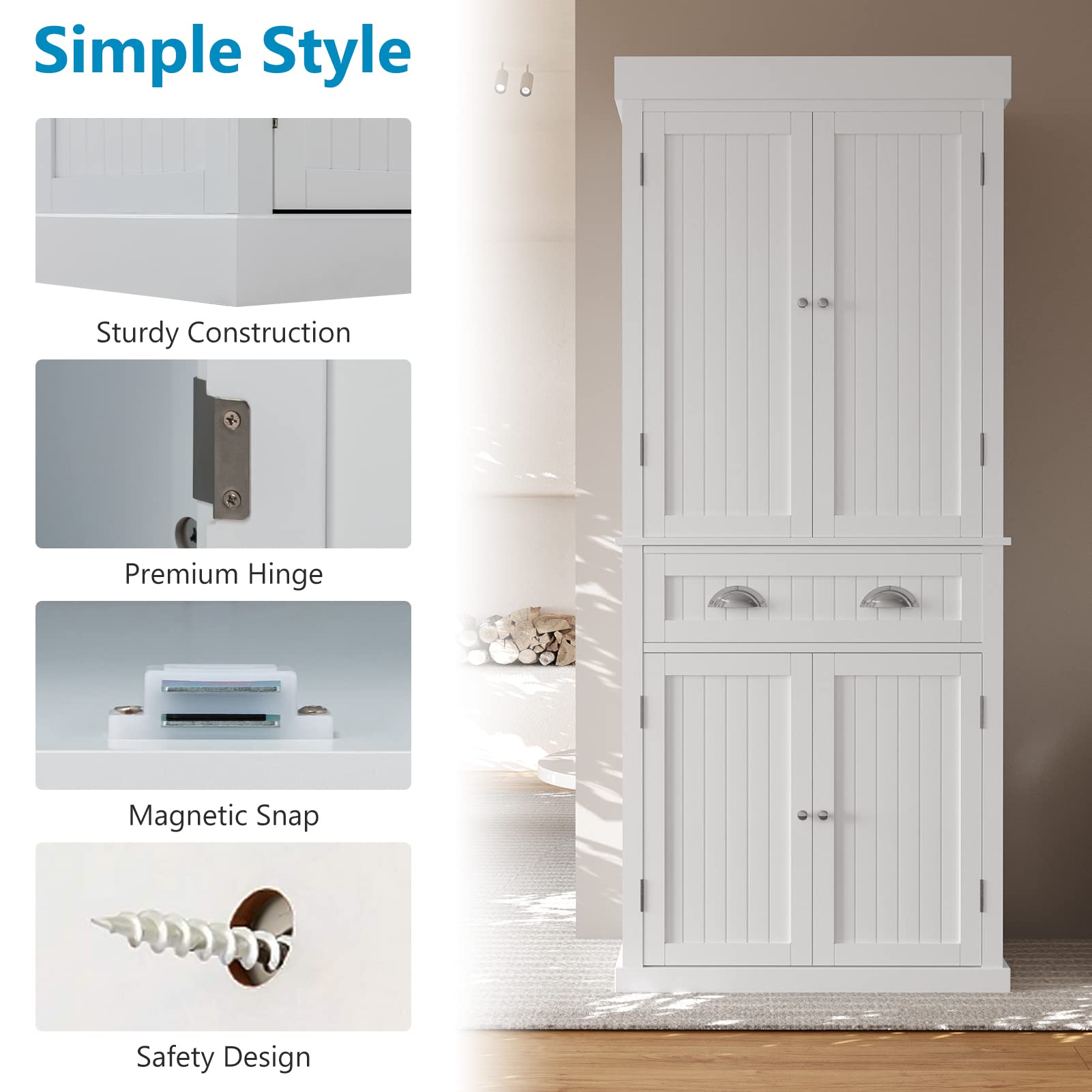 Squireewo 72" Freestanding Kitchen Pantry Storage Cabinet with Doors and Adjustable Shelves,Storage Cupboard with Large Drawer for Kitchen,Bathroom or Hallway,White