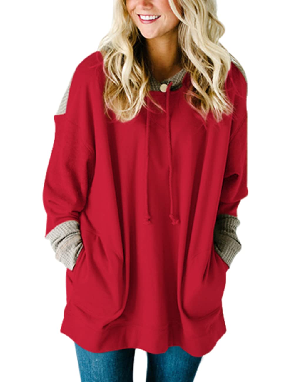 SEBOWEL Women's Fashion Long Sleeve Colorblock Pullover Hoodies Sweatshirts Red XXL