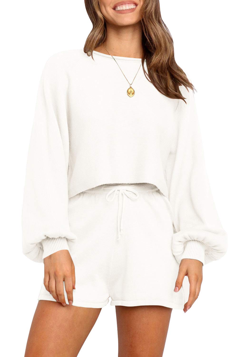 ZESICA Women's Casual Long Sleeve Solid Color Knit Pullover Sweatsuit 2 Piece Short Sweater Outfits Sets,White,Small