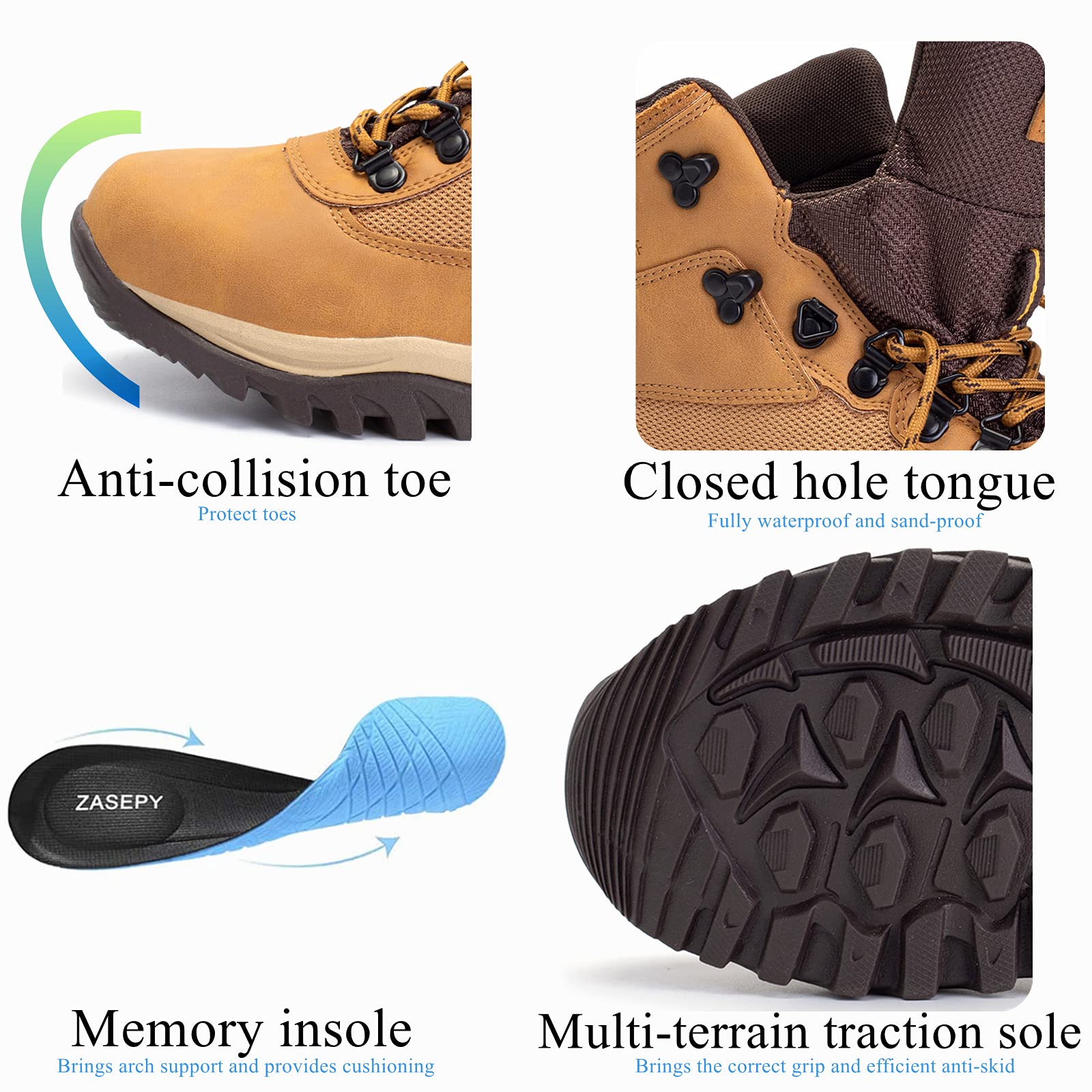 ZASEPY Men's Waterproof Hiking Boots Lightweight Non-Slip Outdoor Shoes Mid Top Ankle Arch Support Hiker Backpacking Trekking Work Boot