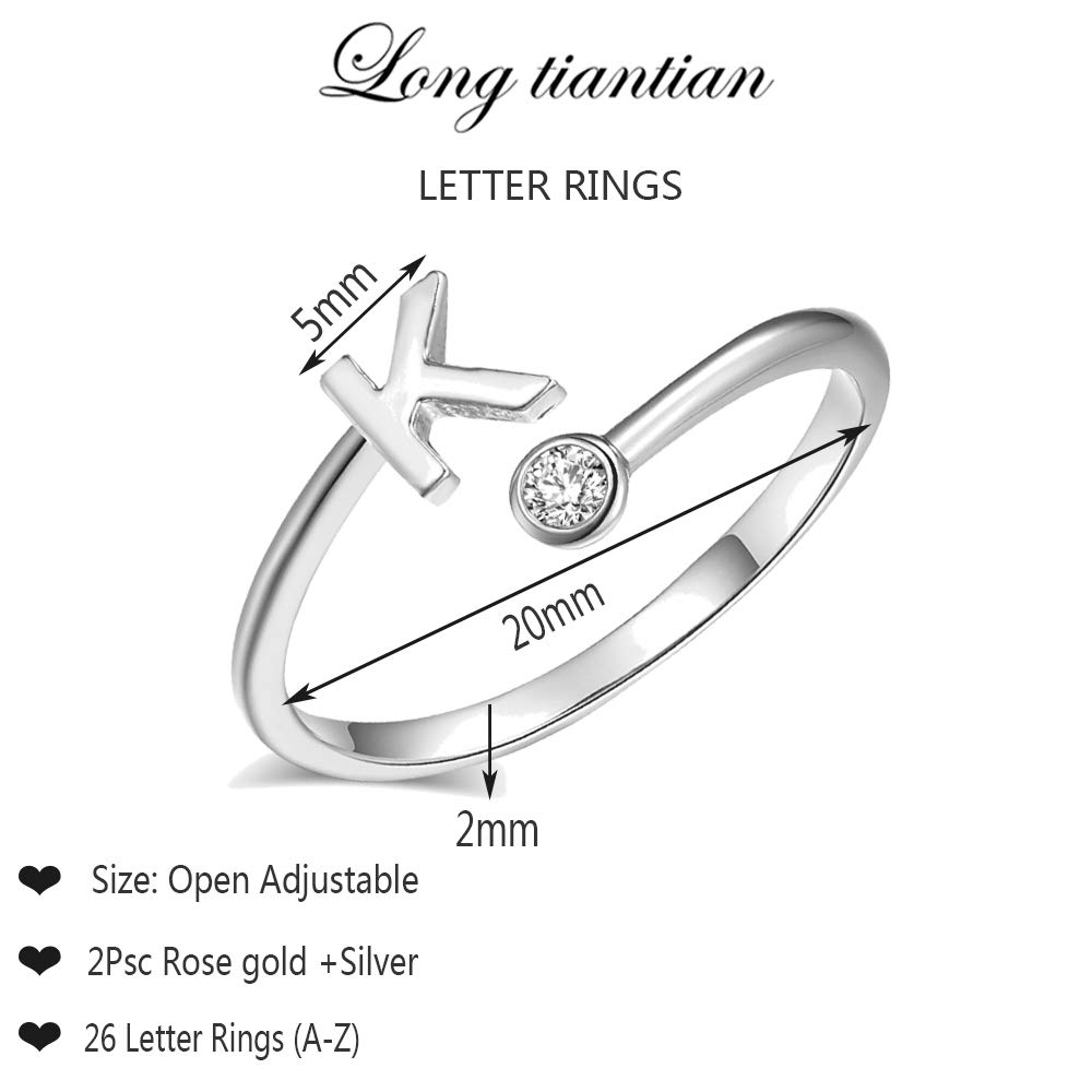 Silver Initial Letter Ring Stackable Rings for Women Fashion Rings Initial Alphabet Knuckle Rings A-Z Silver Crystal Adjustable Finger Ring for Women Jewelry