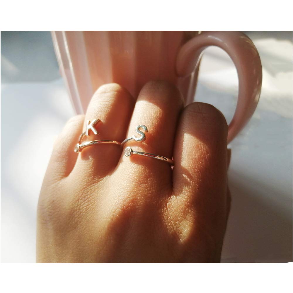 Silver Initial Letter Ring Stackable Rings for Women Fashion Rings Initial Alphabet Knuckle Rings A-Z Silver Crystal Adjustable Finger Ring for Women Jewelry