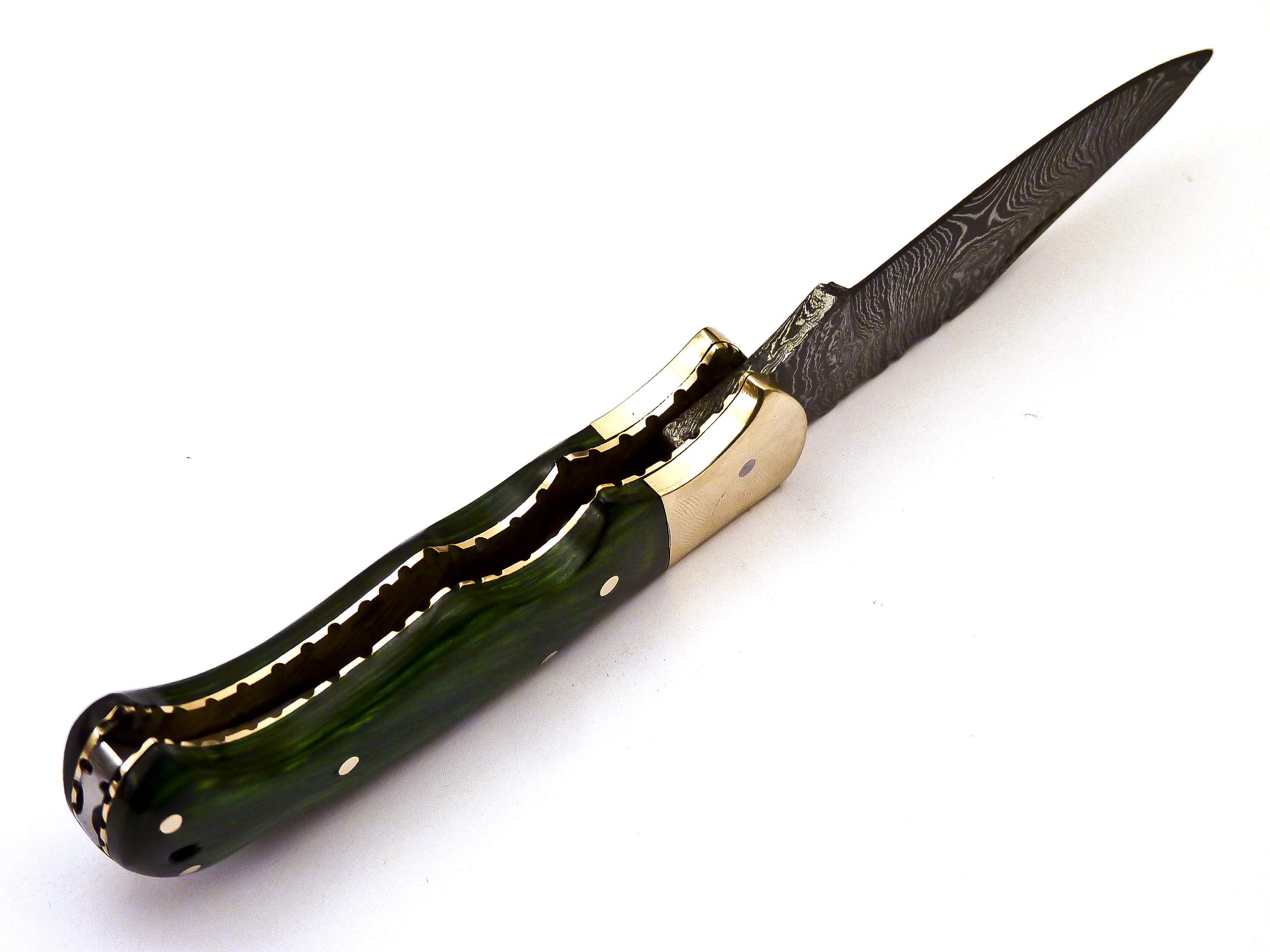 SkokieKnives Custom Hand Made Damascus Steel Hunting Folding Pocket Knife Handle Green Pakka Wood G