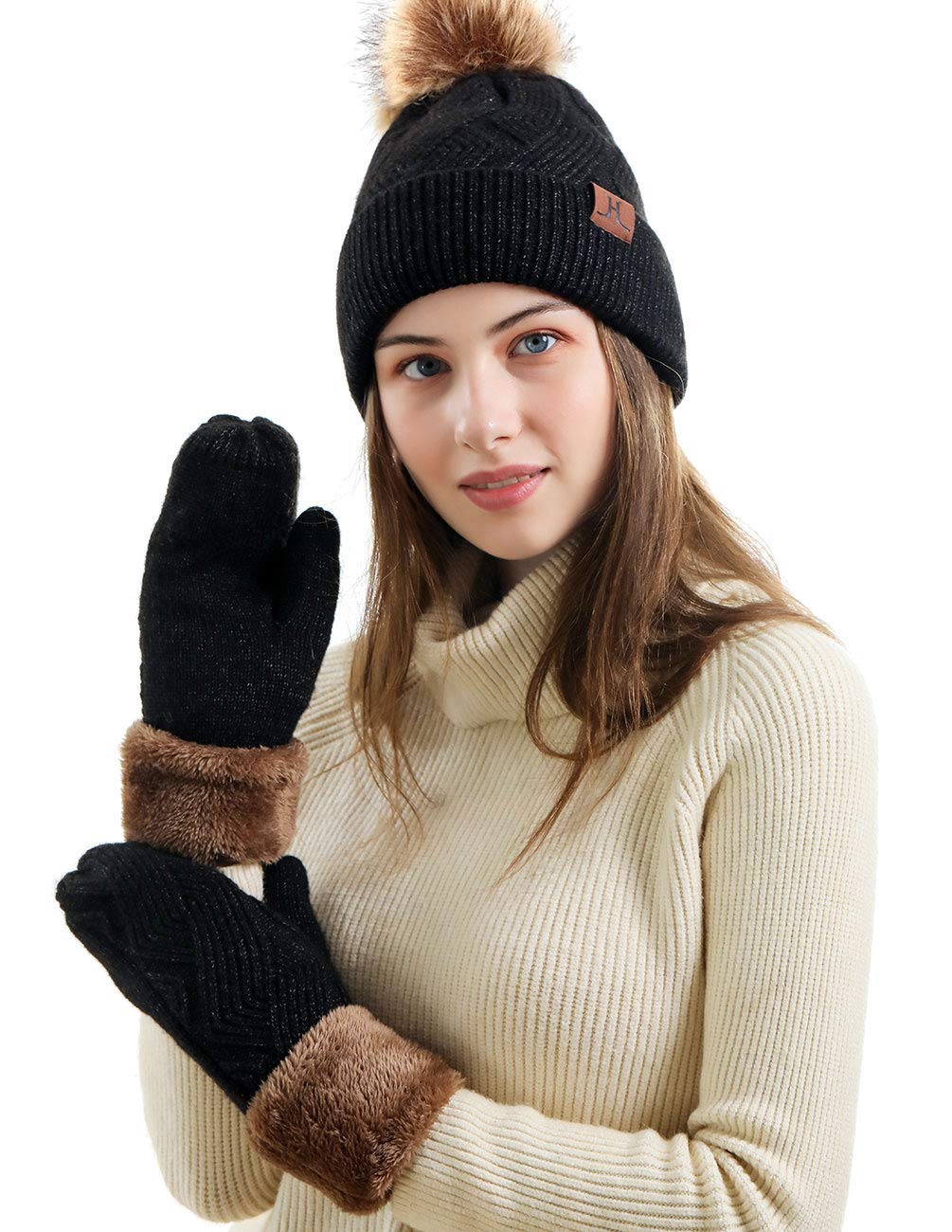 Thick Snow Hat-and-Mittens Set for-Women Black, Warm Faux Fur Pom Pom Beanie-with-Gloves Cute Pompom Ladies Winter Caps