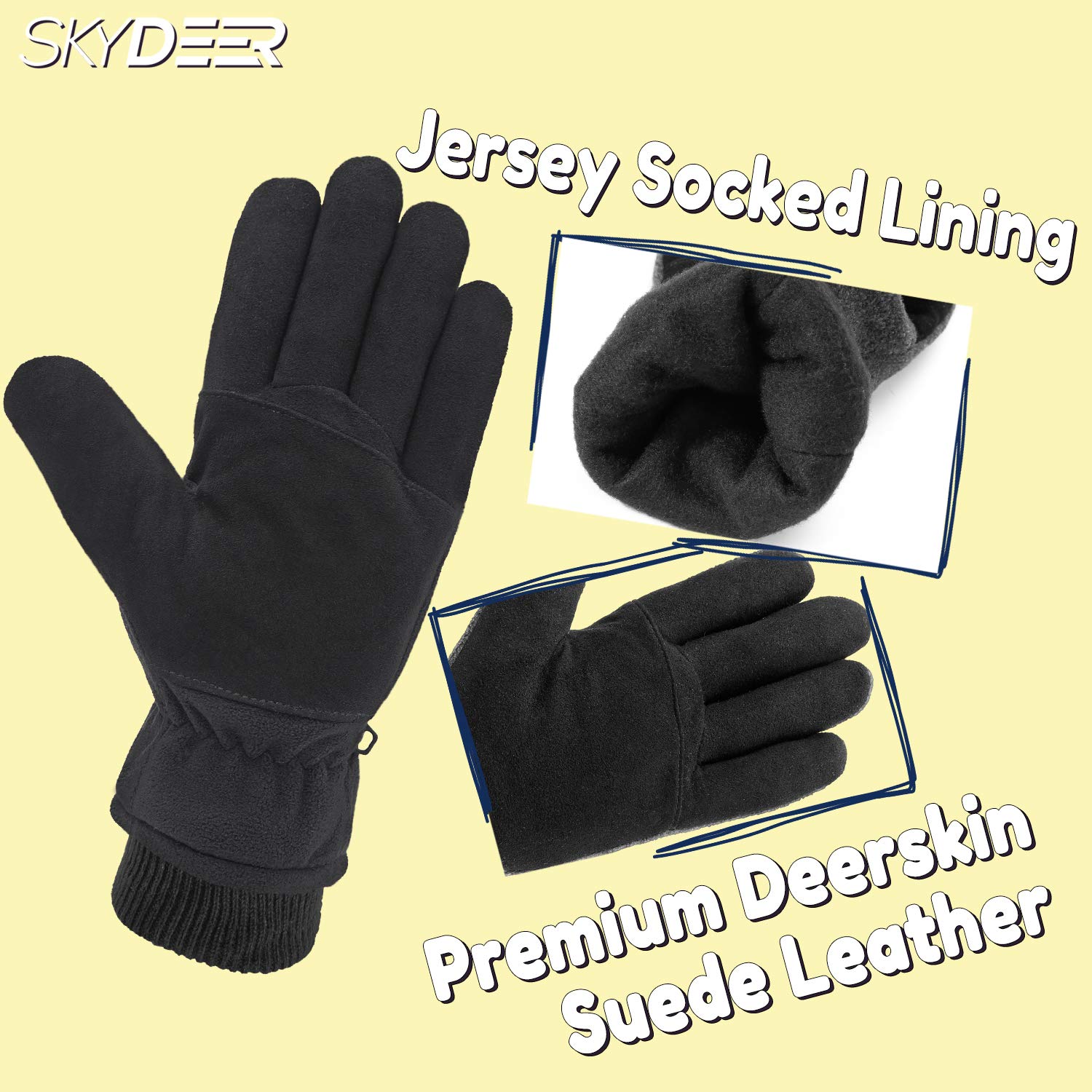SKYDEER Winter Gloves with Premium Genuine Deerskin Suede Leather and Windproof Polar Fleece (SD8661KW/L)