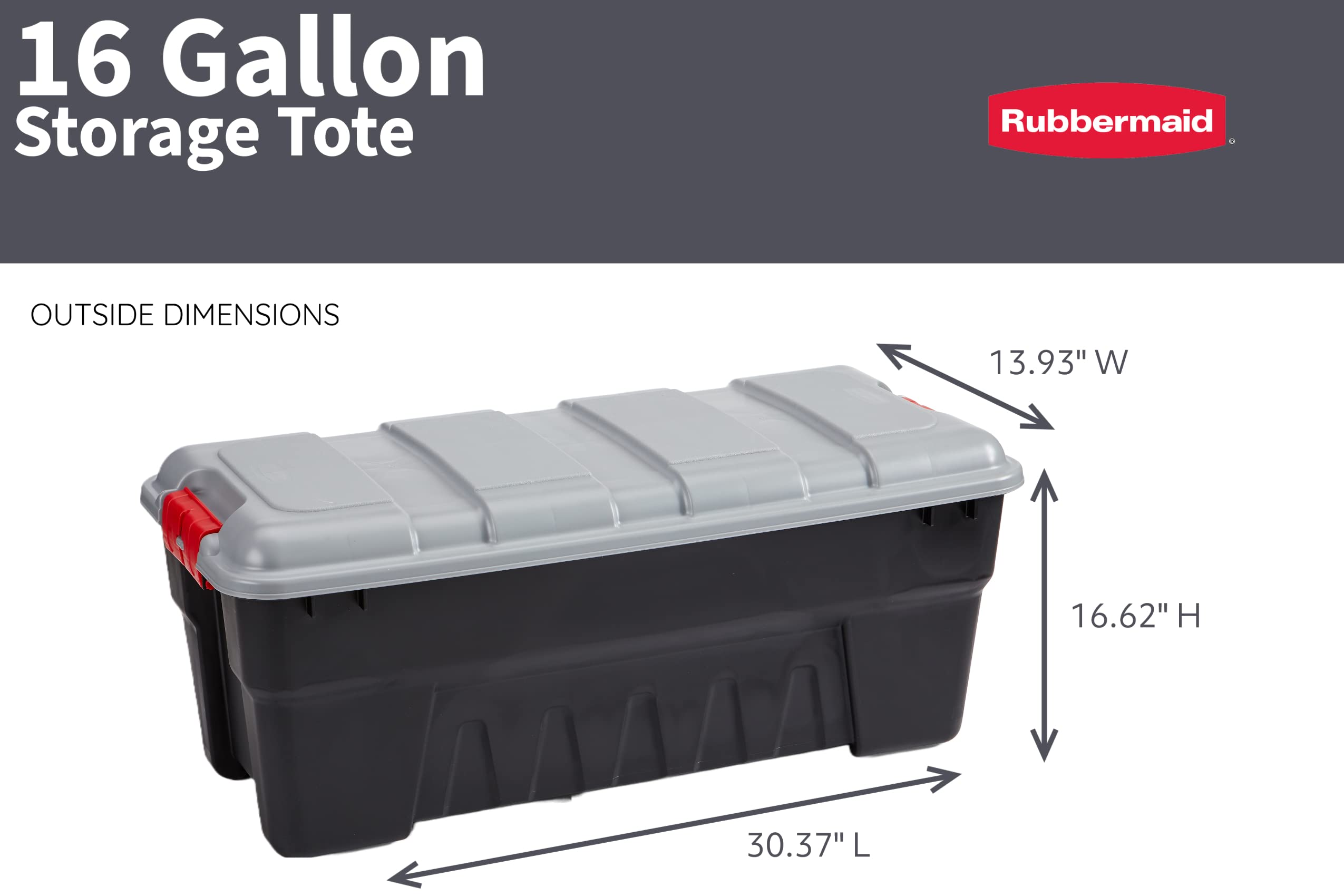 Rubbermaid Pack & Go 16 Gal Storage Tote, Durable Design and Easy to Transport, Built-In Handles, Tie Down Channels and Lockable Snap Tight Lid, Black Base with Gray Lid and Red Handles, Pack of 3