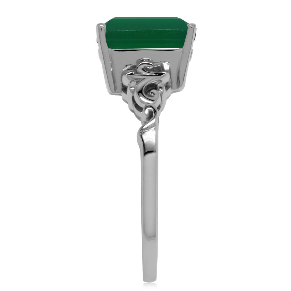 Silvershake 3.29 CTW 10X8mm Natural Octagon Shape Emerald Green Agate White Gold Plated 925 Sterling Silver Filigree Leaf Solitaire Ring May Gemstone Birthstone Size 6