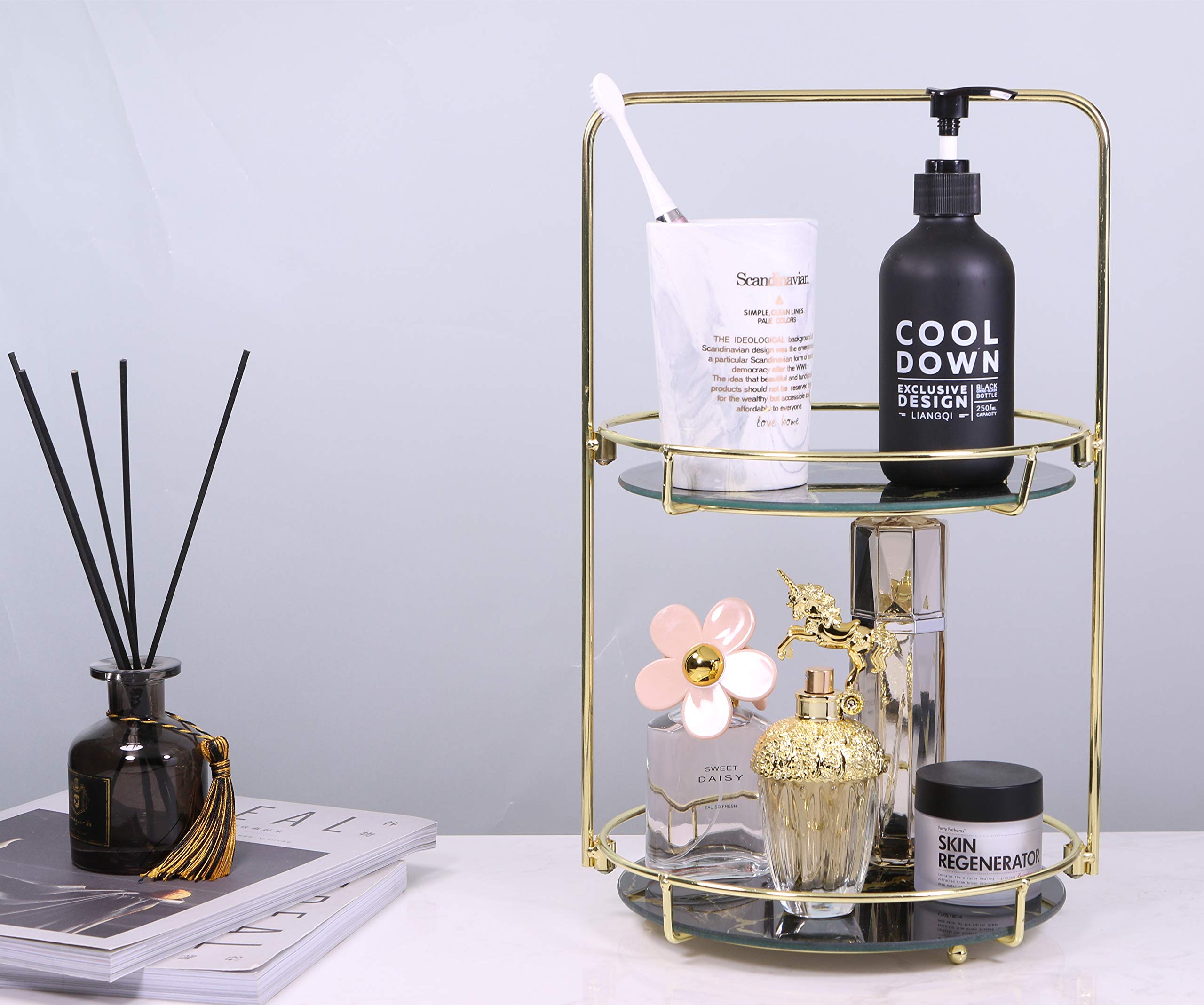 Simmer Stone Makeup Organizer Shelf, 2 Tier Cosmetic Storage Basket with Removable Glass Tray, Round Wire Vanity Organizer Rack for Dresser, Countertop, Bathroom and More, Gold