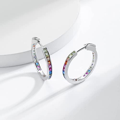 WES 925 Sterling Silver Hoop Earrings Colorful Cubic Zirconia Rainbow Hoop Earrings (Rainbow Earrings)