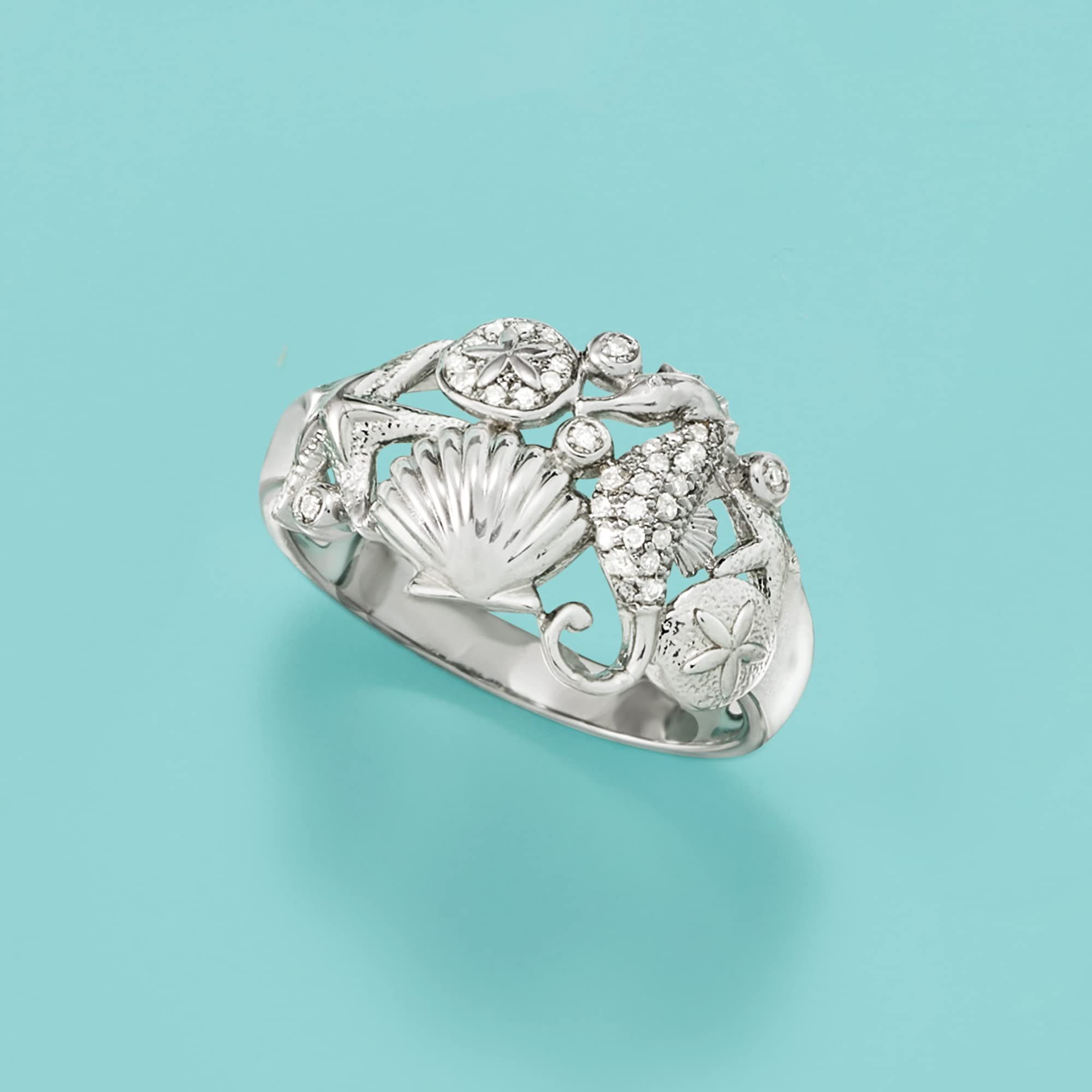 Ross-Simons 0.10 ct. t.w. Diamond Sea Life Ring in Sterling Silver. Size 7