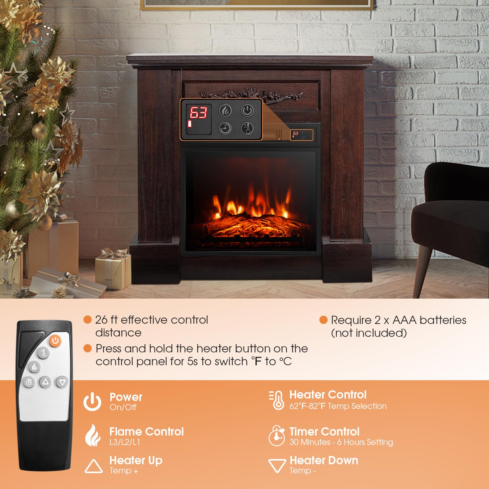 SIMOE 32" Electric Fireplace with Mantel,Package Freestanding Fireplace Heater with Remote Control & Overheat Protection & Adjustable Flame,Indoor Fireplace Mantel for Living Room,Bedroom,Brown