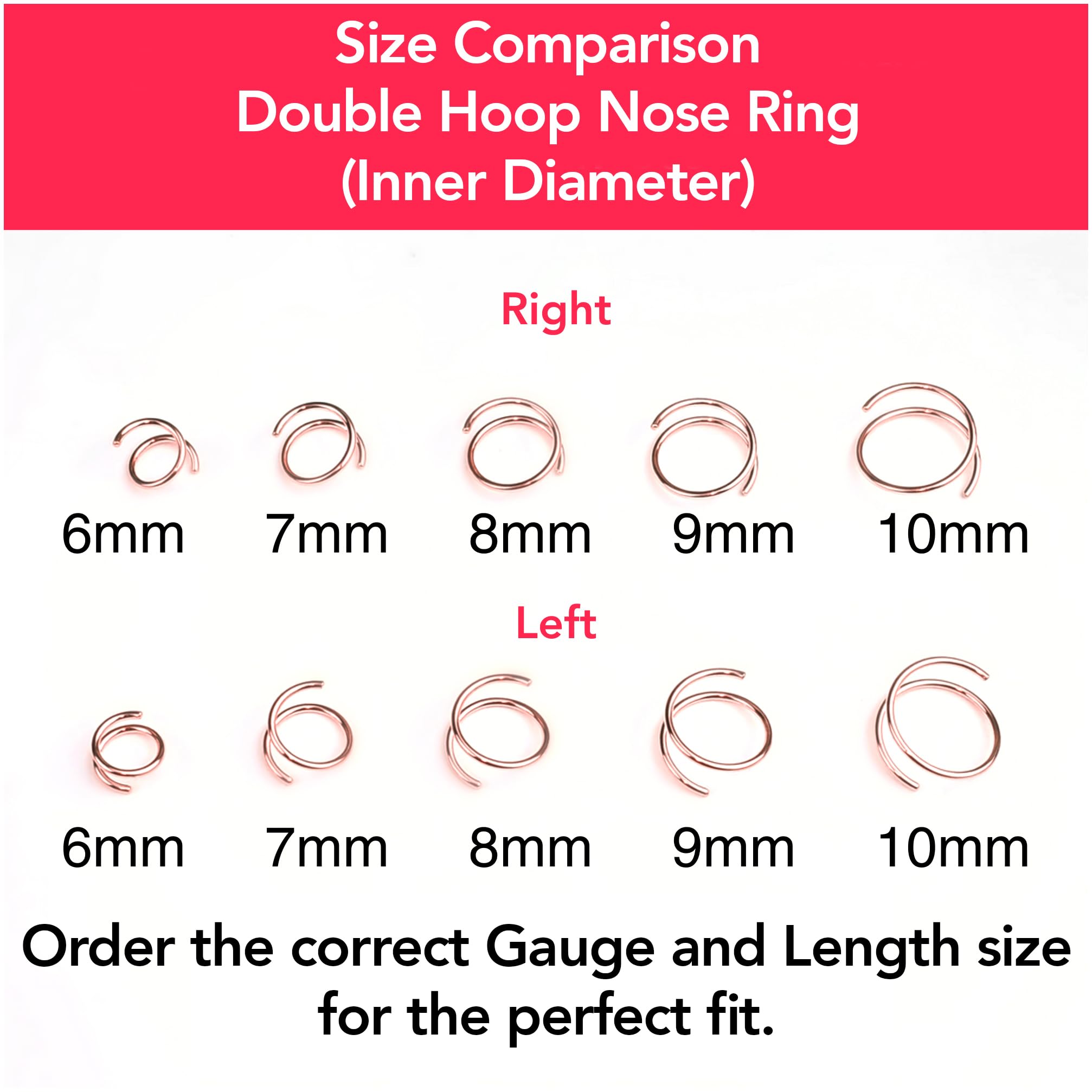 Solid 14k Yellow Gold Double Hoop Nose Ring for Women and Men - Hypoallergenic Spiral Nose Jewelry for Single Piercing - Handmade in USA -20 Gauge 8mm Left