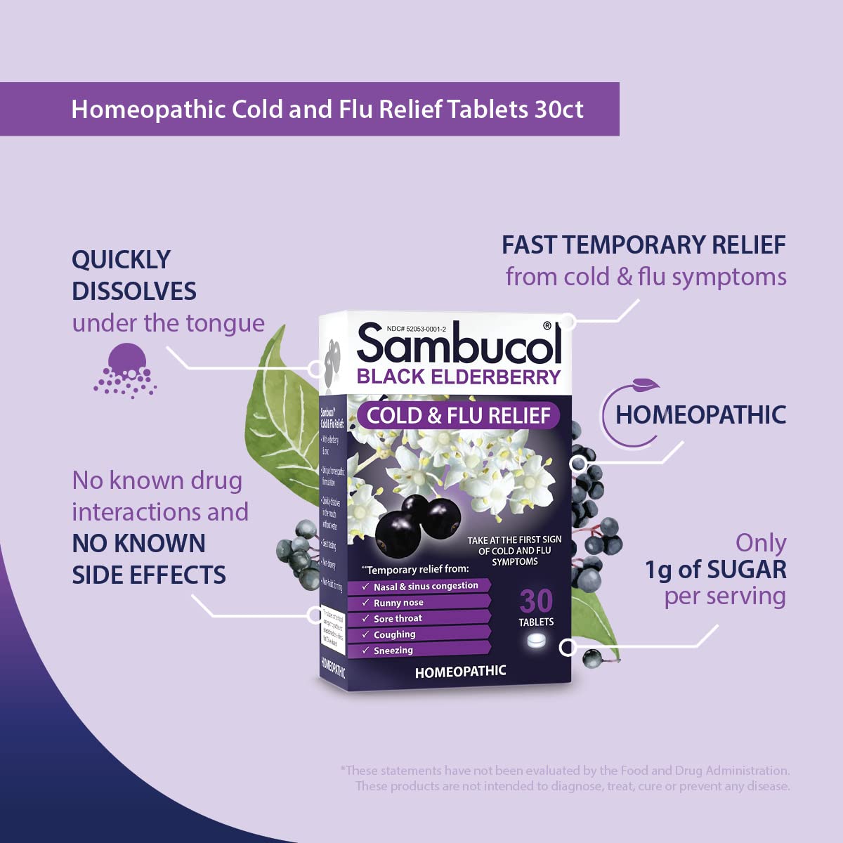 Sambucol Cold and Flu Relief Tablets - Homeopathic Cold Medicine, Cold Remedy for Adults, Black Elderberry for Colds, Zinc Cold Remedy - 30 Count