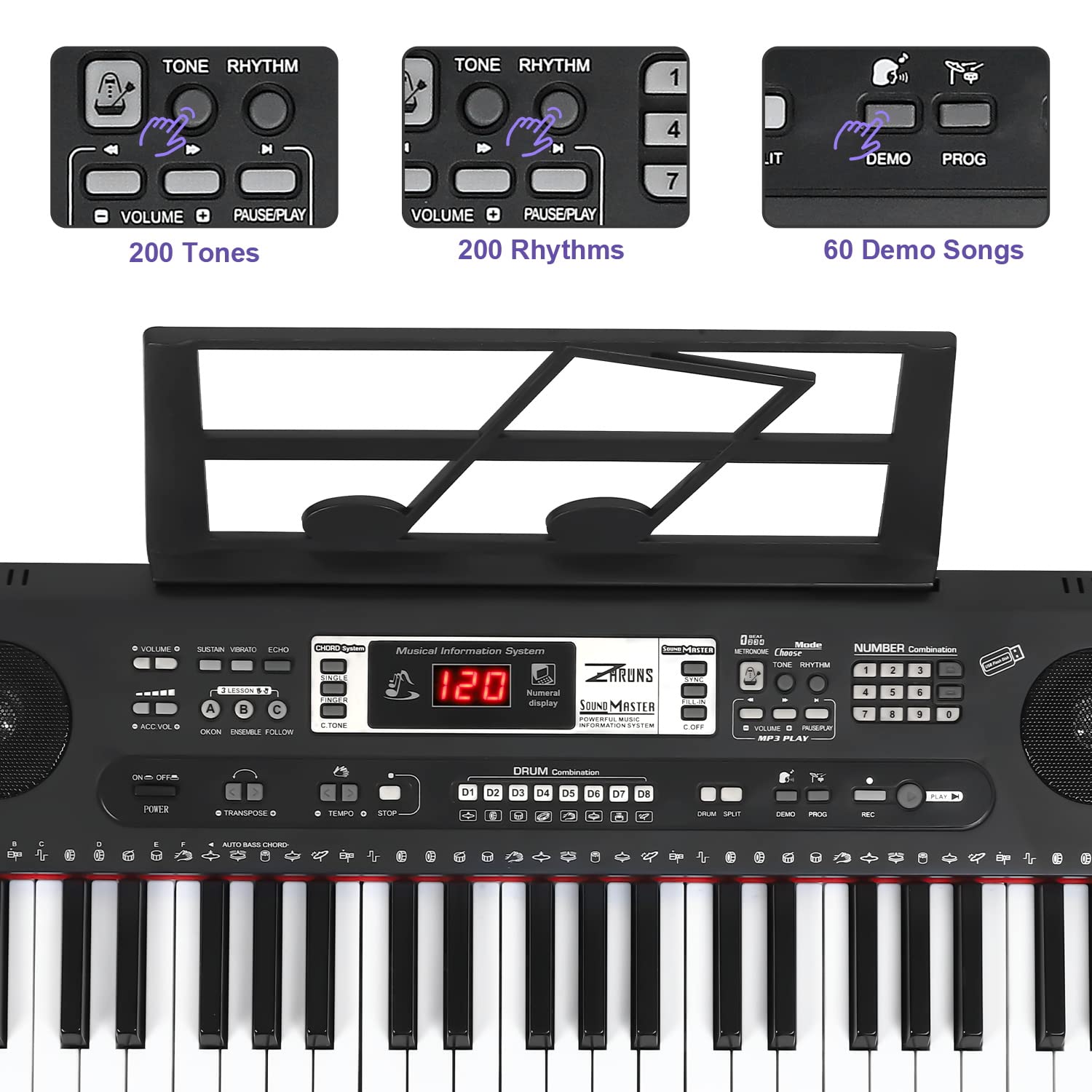 ZHRUNS Electric Keyboard Piano 61-Key, Multifunctional Musical Piano Keyboard Portable with Headphone Jack & Microphone,USB MP3 Play, Dual Power Supply,Music Sheet Stand for Beginners/Adults