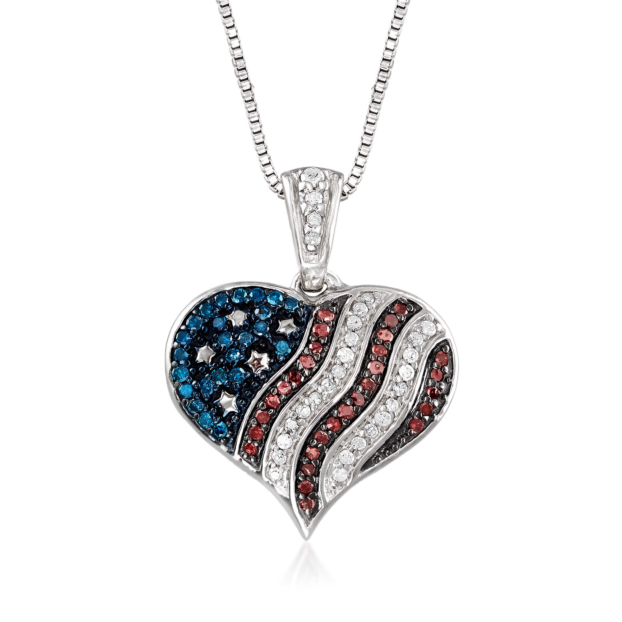 Ross-Simons 0.23 ct. t.w. Multicolored Diamond American Flag Heart Pendant Necklace in Sterling Silver. 18 inches