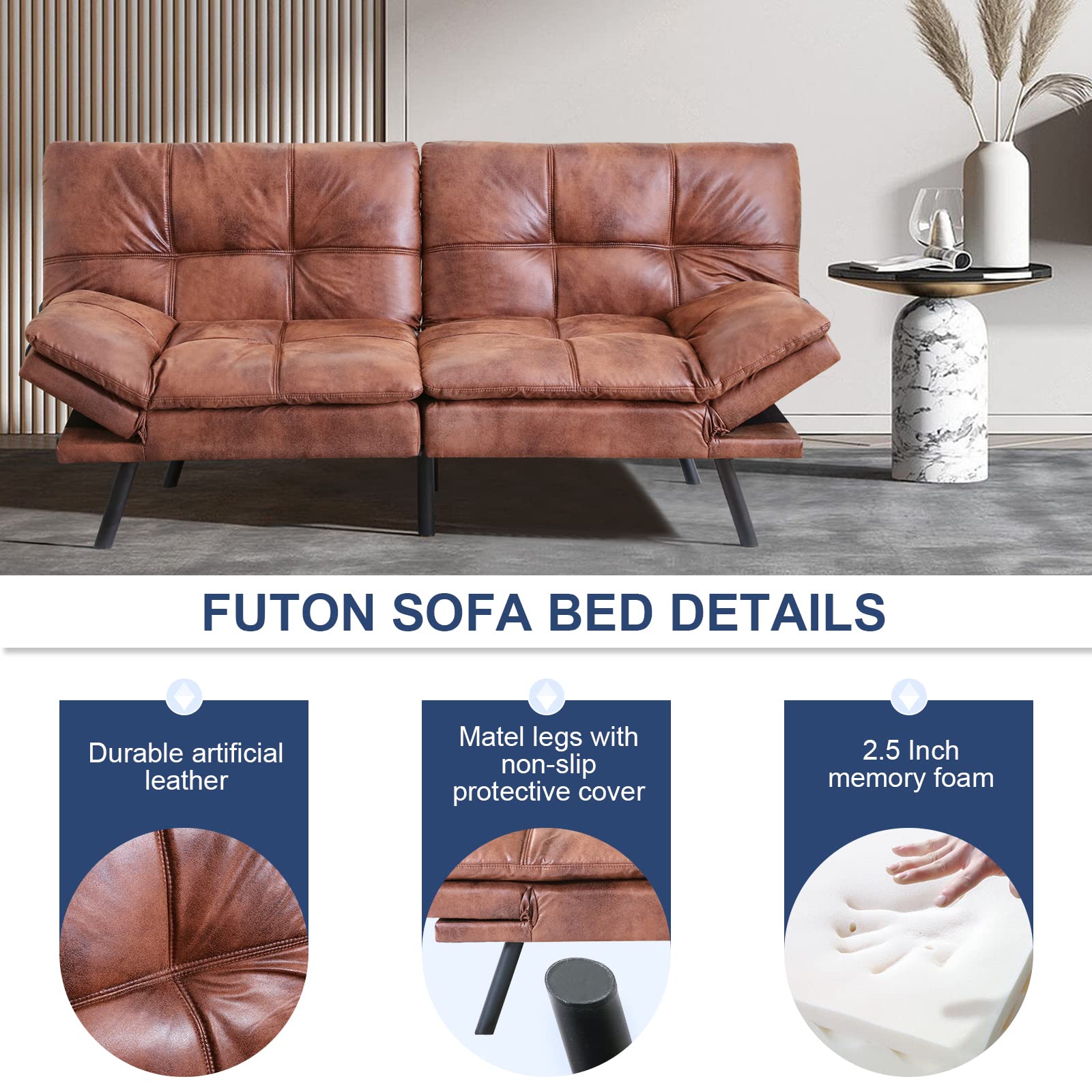 QAIIOO Futon Sofa Compact Living Space, Memory Foam Convertible Sleeper Bed, Folding Recliner Adjustable Backrest Armrests, Apartment, Dorm, Bonus Room, 71" D x 33" W x 31.5" H, Modern Brown