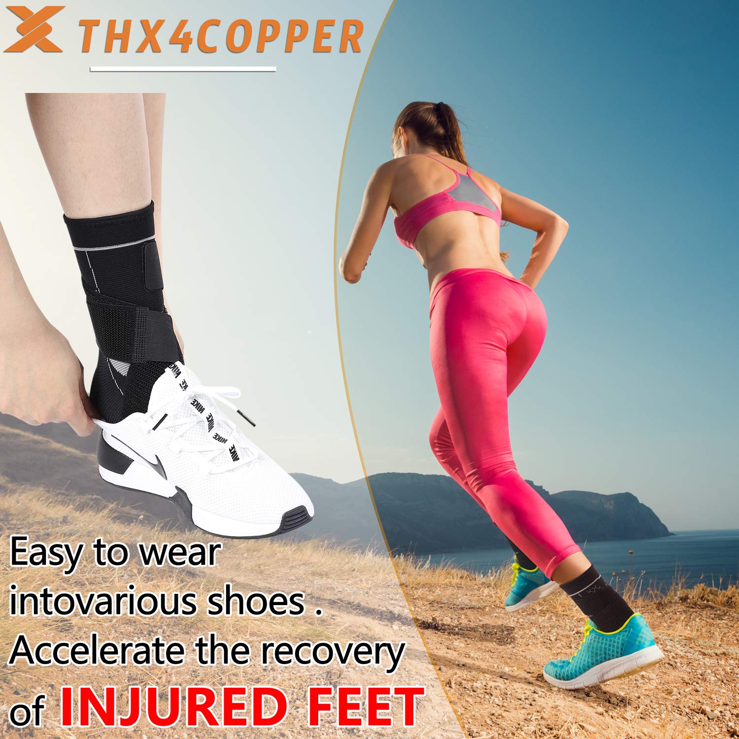 THX4COPPER Ankle Brace Support - Adjustable Compression Ankle Wrap for Protection, Pain Relief, Sprains, Injuries Recovery- Breathable & Comfortable Foot Sleeve - Men/Women, Left/Right