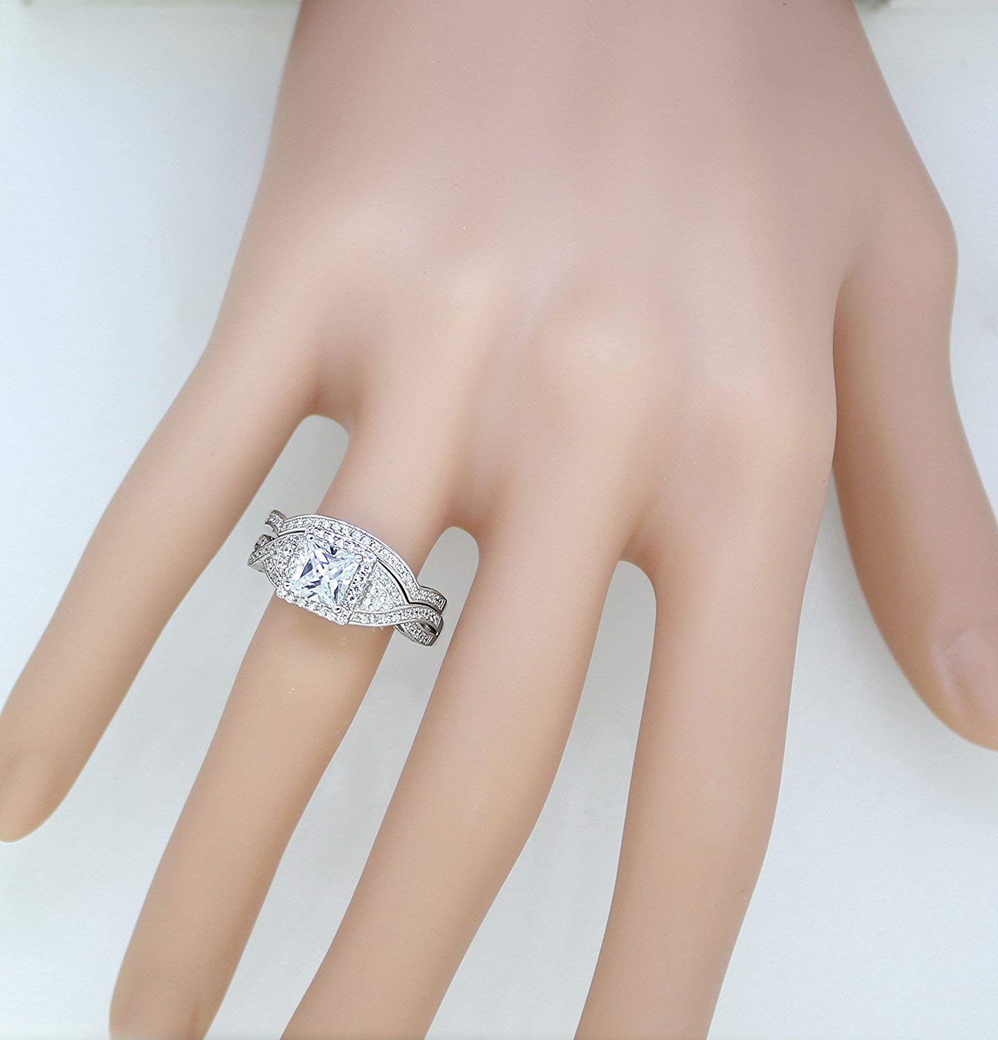 Sterling Silver 2 Pieces Princess Cut Cubic Zirconia Cross Shank Bridal Engagement Wedding Halo Ring Set,10