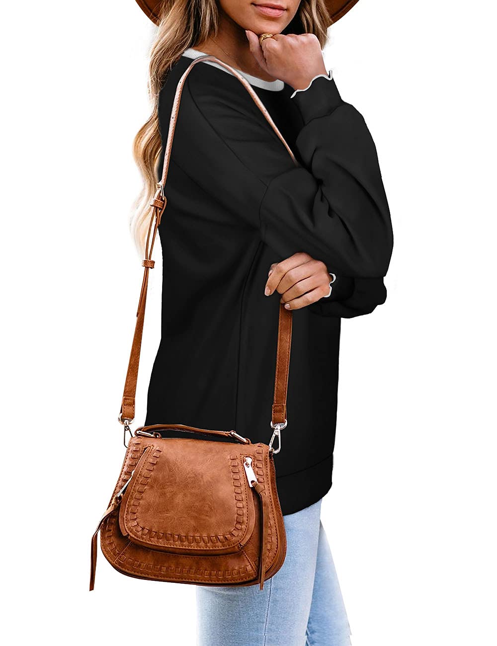 Sousuoty Black Crewneck Sweatshirt Women Cute Oversized Sweaters Color Block S