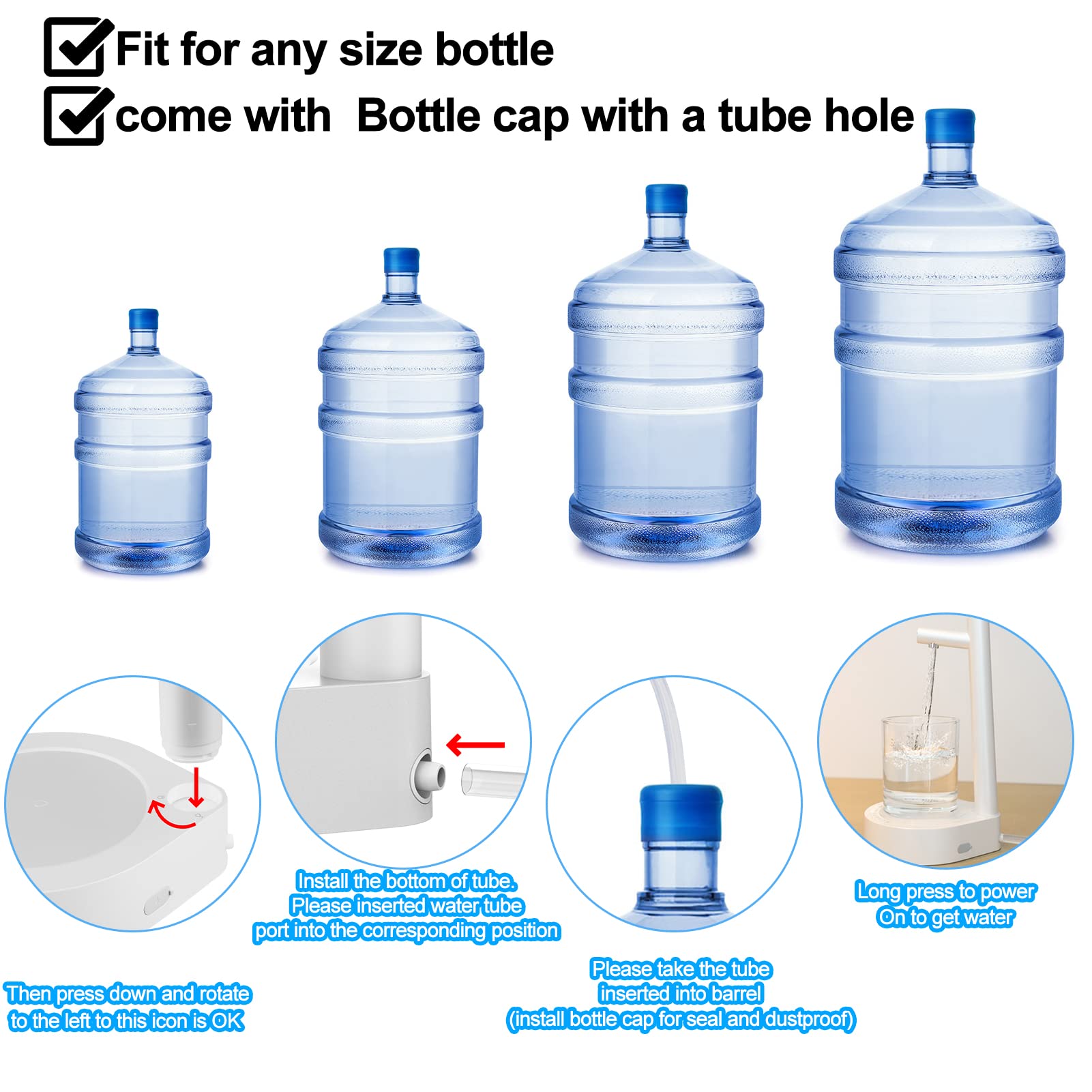 Water Dispenser Countertop for 5 Gallon Bottle, Smart Table Top Water Dispenser with 7 Levels Pumping, Bedside Water Dispenser, Rechargeable Portable Mini Desktop Water Pump with Cap