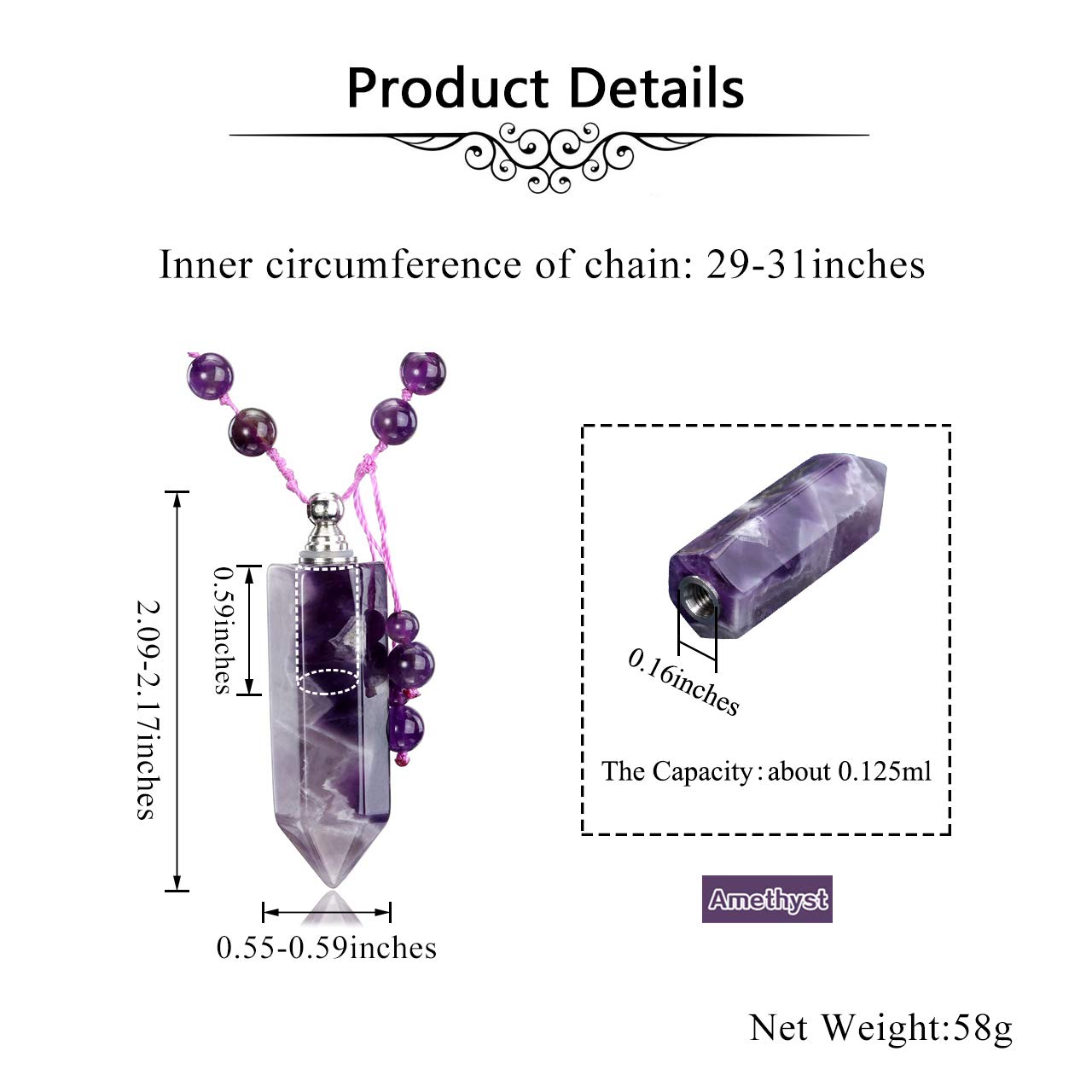 Sunligoo Urn Pendant Necklace for Ashes Cremation Memorial Keepsake Jewelry Healing Crystal Amethyst Point Pendant Natural Stone Beads Necklaces for Women